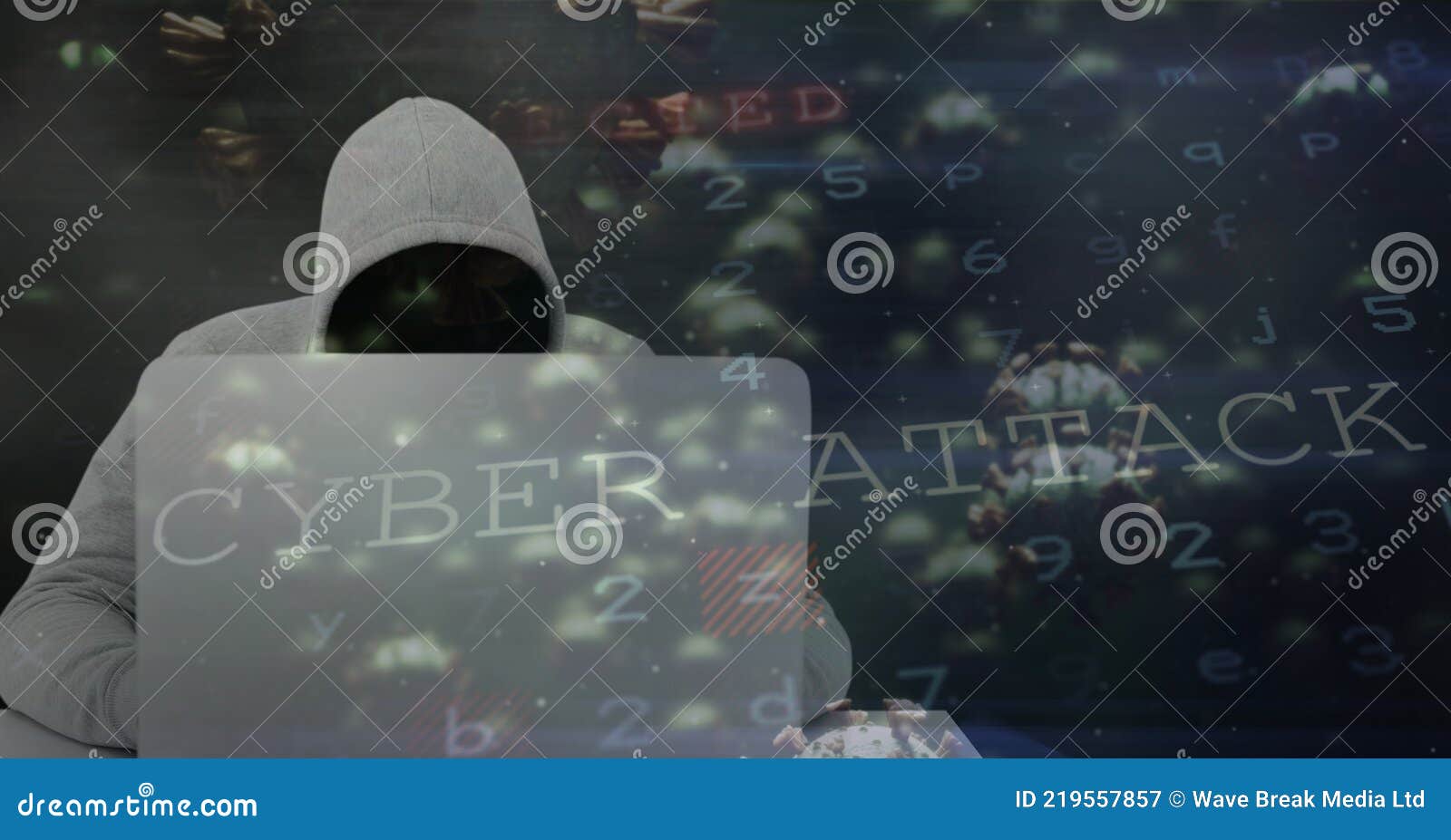 Composition of Hooded Hacker Using Laptop with Covid Cells and Cyber ...