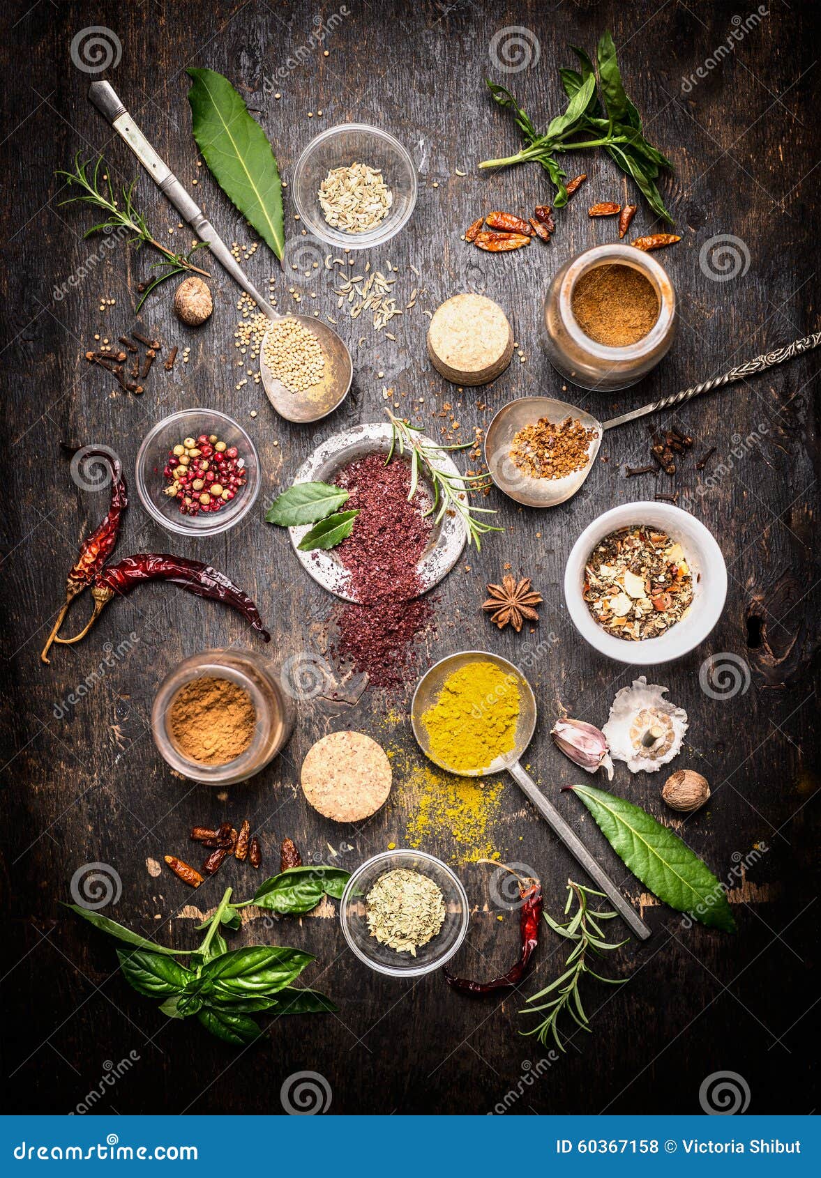 Composition of Hot Spices and Fresh Flavoring Herbs on Dark Rustic ...