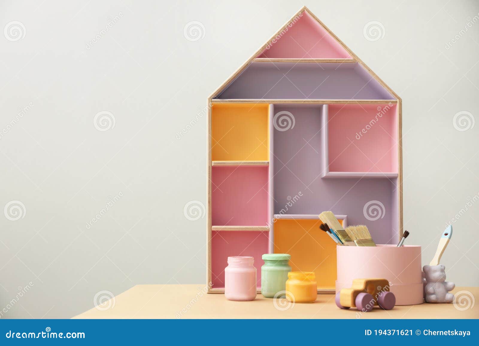 Composition with House Shaped Shelf and Jars of Paints, Space for Text ...