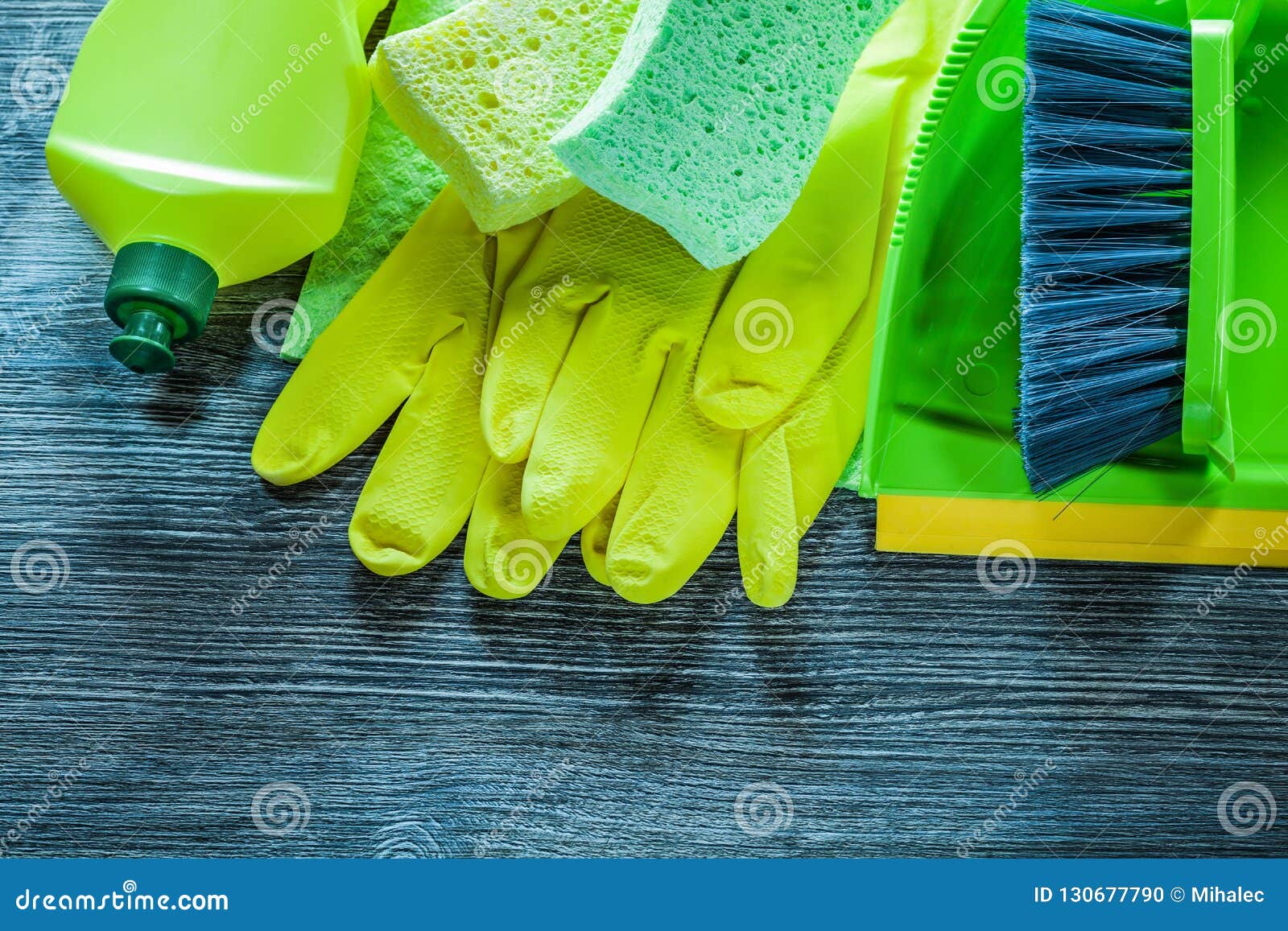 Composition of Household Cleaning Tools on Vintage Wooden Board Stock ...