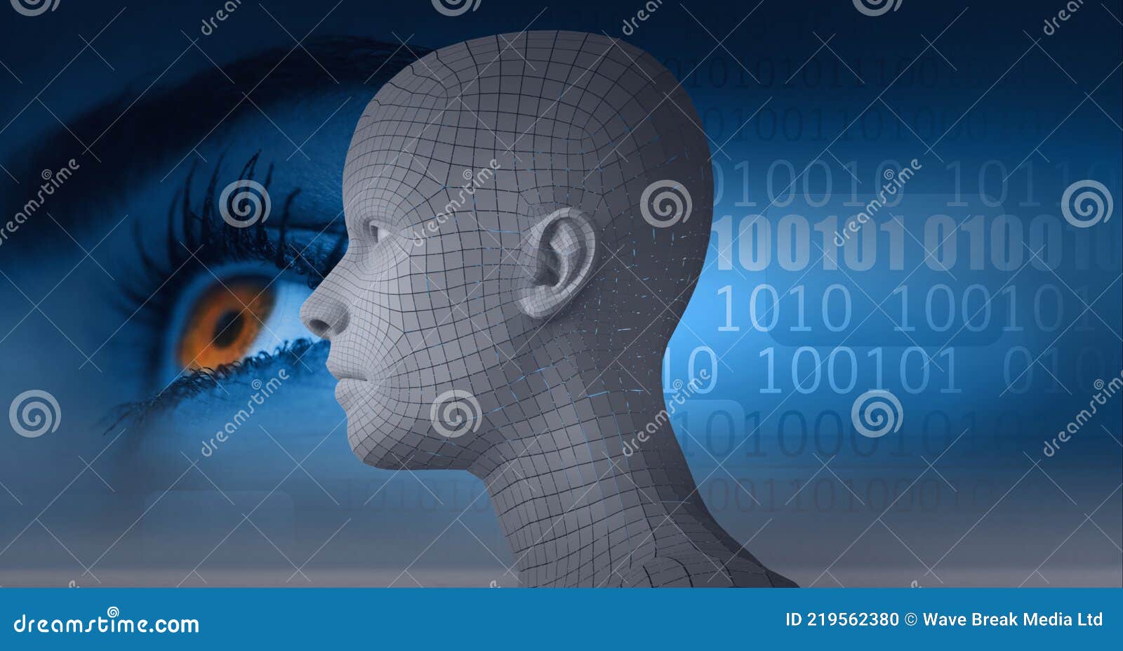 Composition of Human Bust Formed with Grey Particles, Human Eye and Binary Coding Processing ...