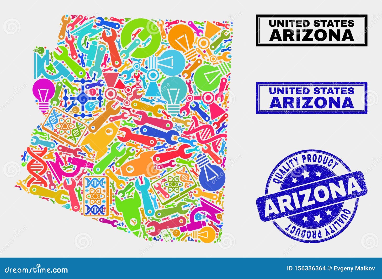 Composition of Industrial Arizona State Map and Quality Product Stamp ...