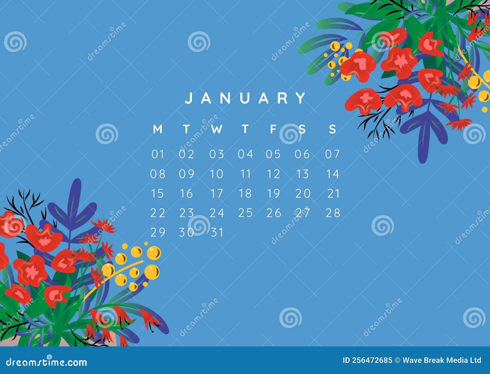 Composition of January Text Over Numbers and Flowers on Blue Background ...