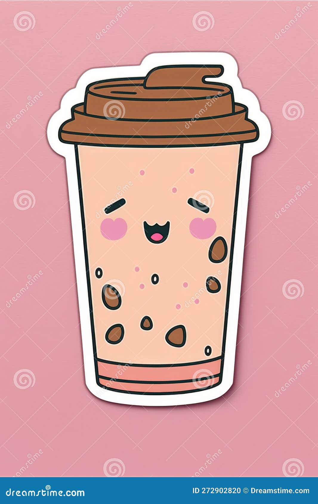 Composition of Kawaii Cartoon Coffee Sticker on Pink Background Stock ...