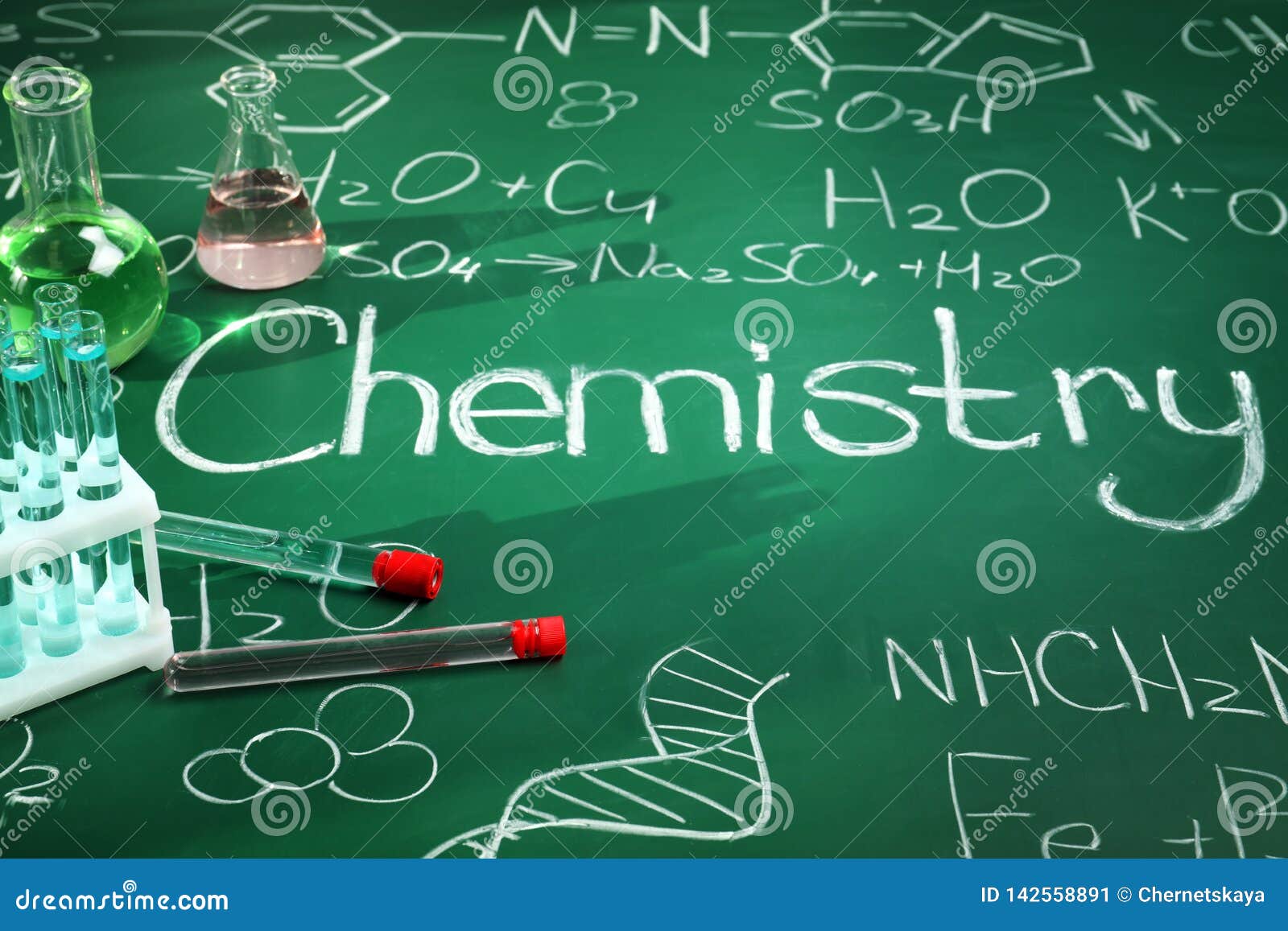 Composition with Laboratory Glassware on Chalkboard Stock Image - Image ...