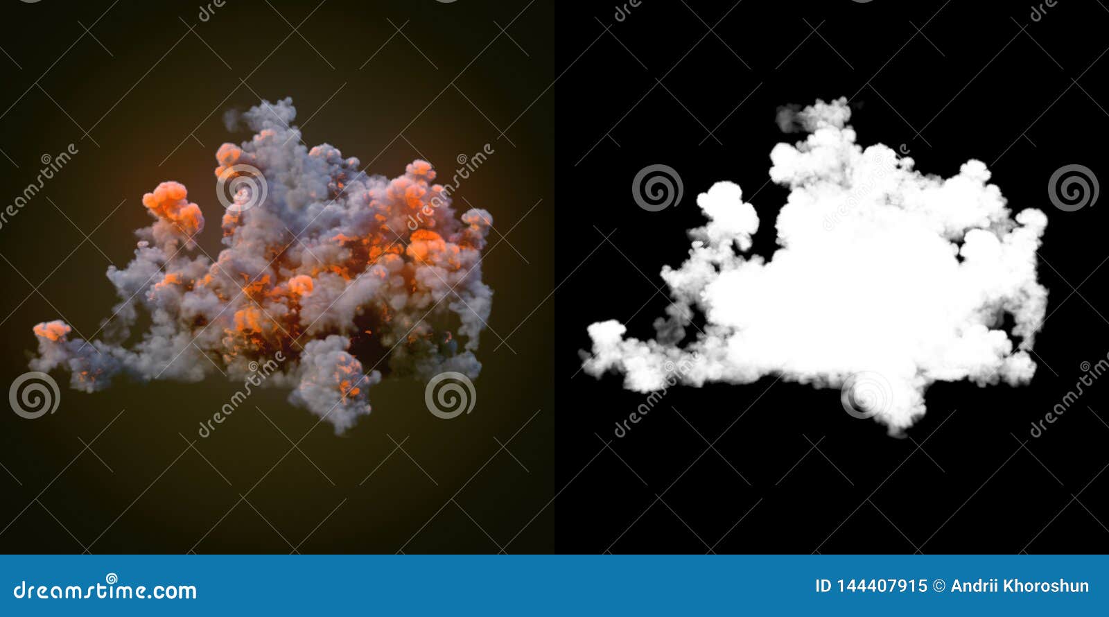 Composition with Large Explosions in Dark Plus Alpha Channel. 3d ...