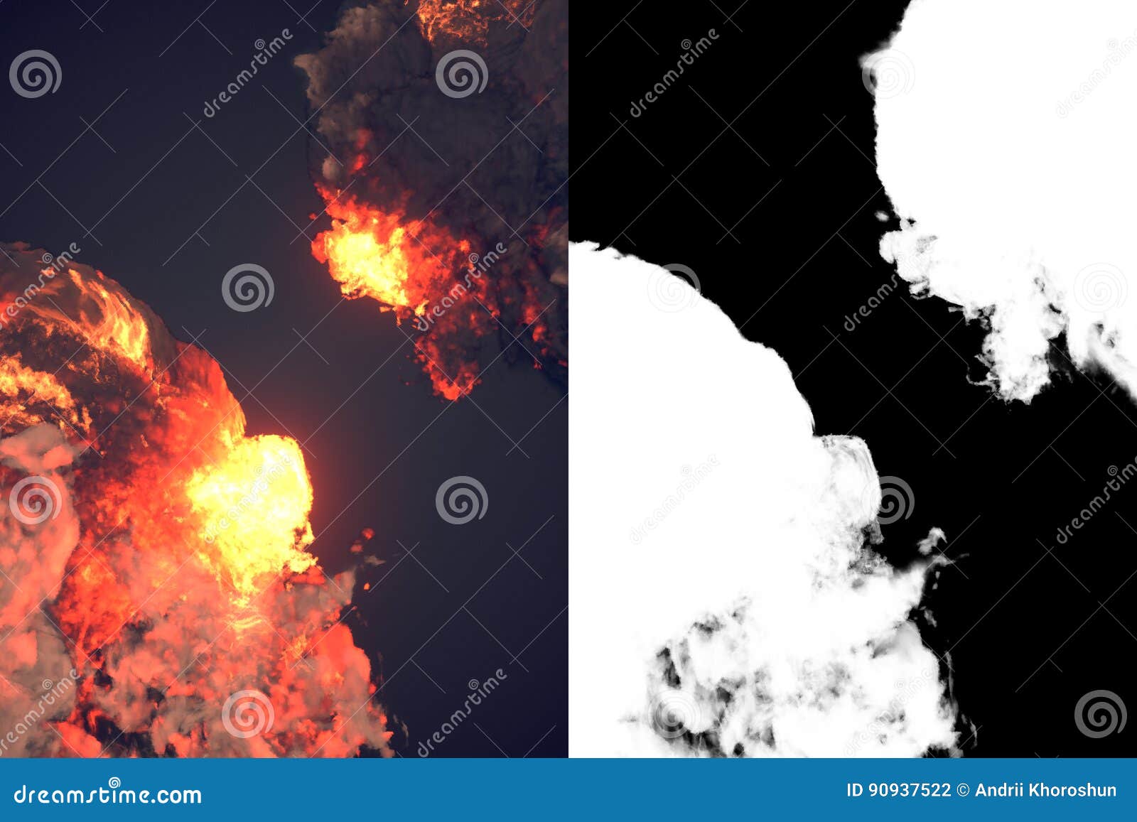 Composition with Large Explosions in Dark 3d Rendering Stock ...