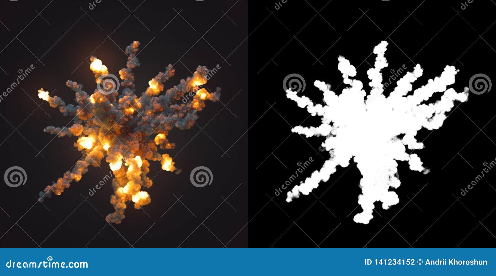 Composition with Large Explosions in Dark Plus Alpha Channel. 3d ...
