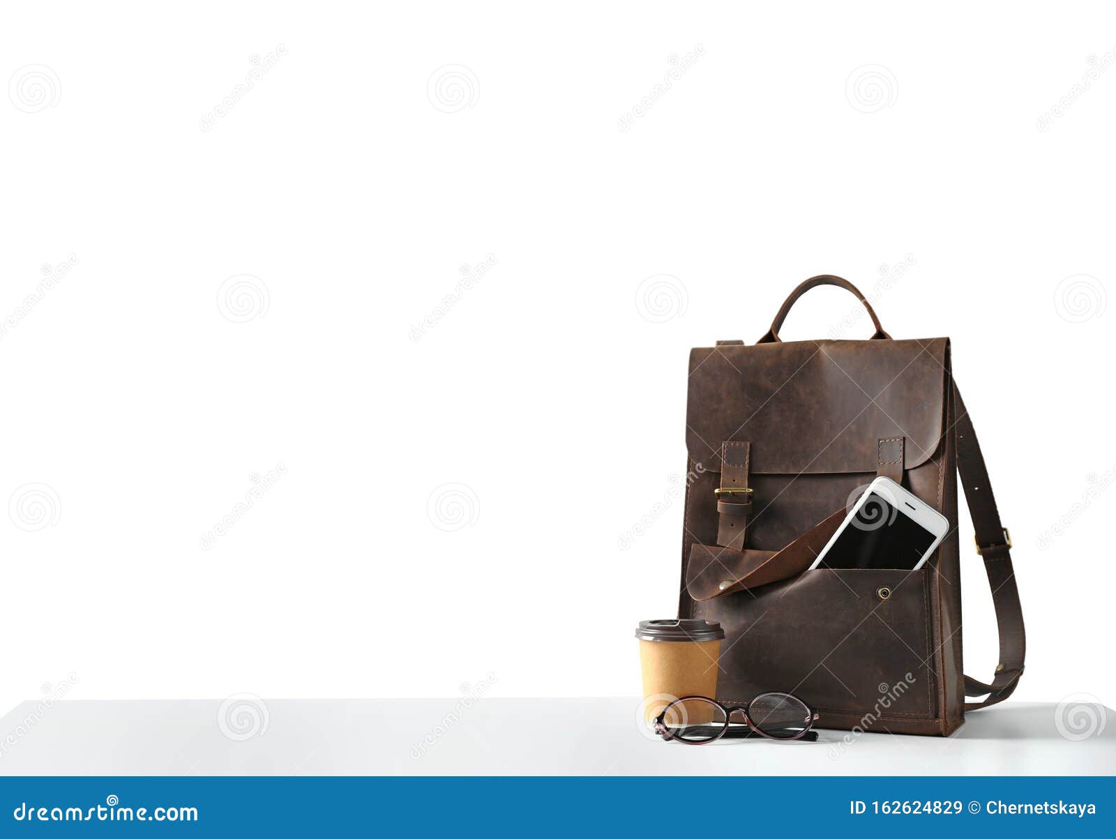 Composition with Backpack, Coffee and Smartphone on White Stock Image ...