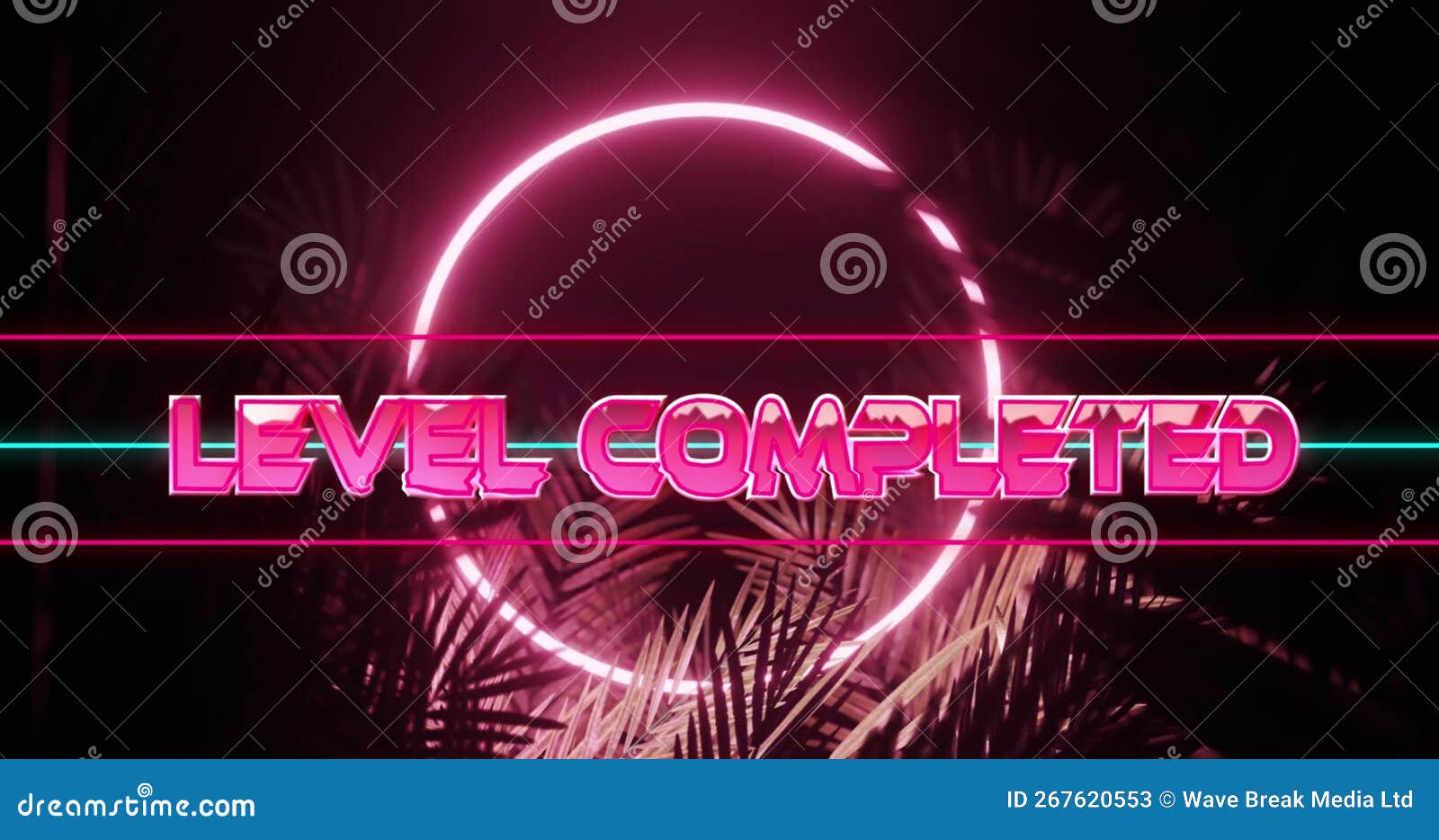 Composition of Level Completed Text with Neon Shape and Leaves on Black ...