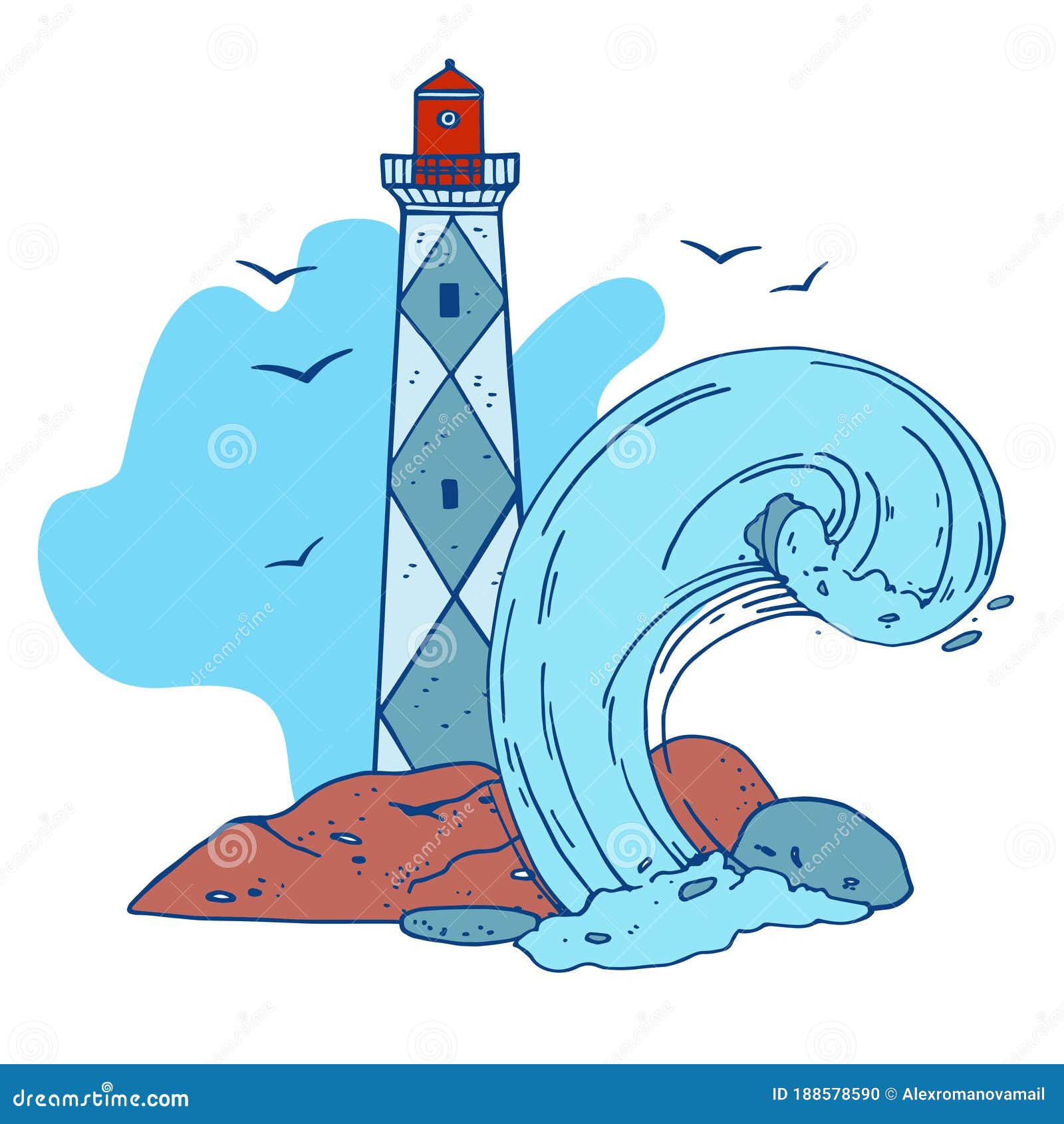 Composition with Lighthouse, Wave and Stones. Hand Drawn Vector Sketch ...