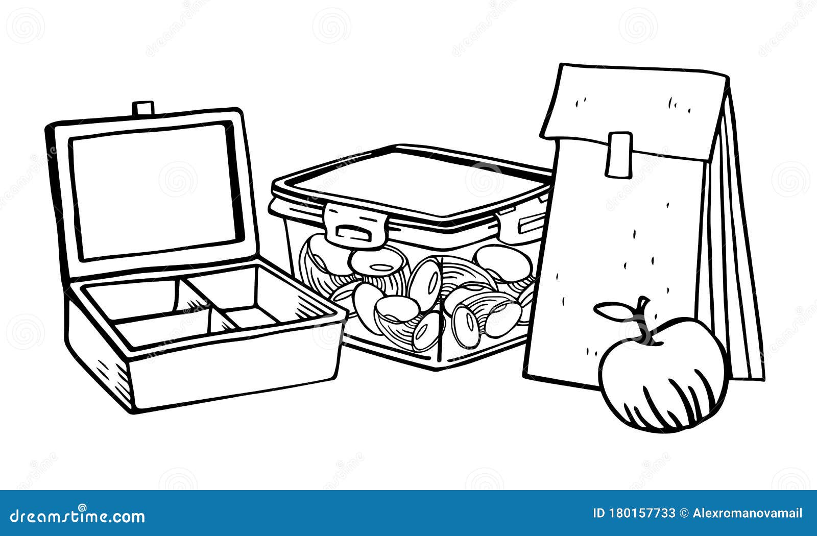 Composition with Lunch Boxes, Paper Bag and Apple Stock Vector ...