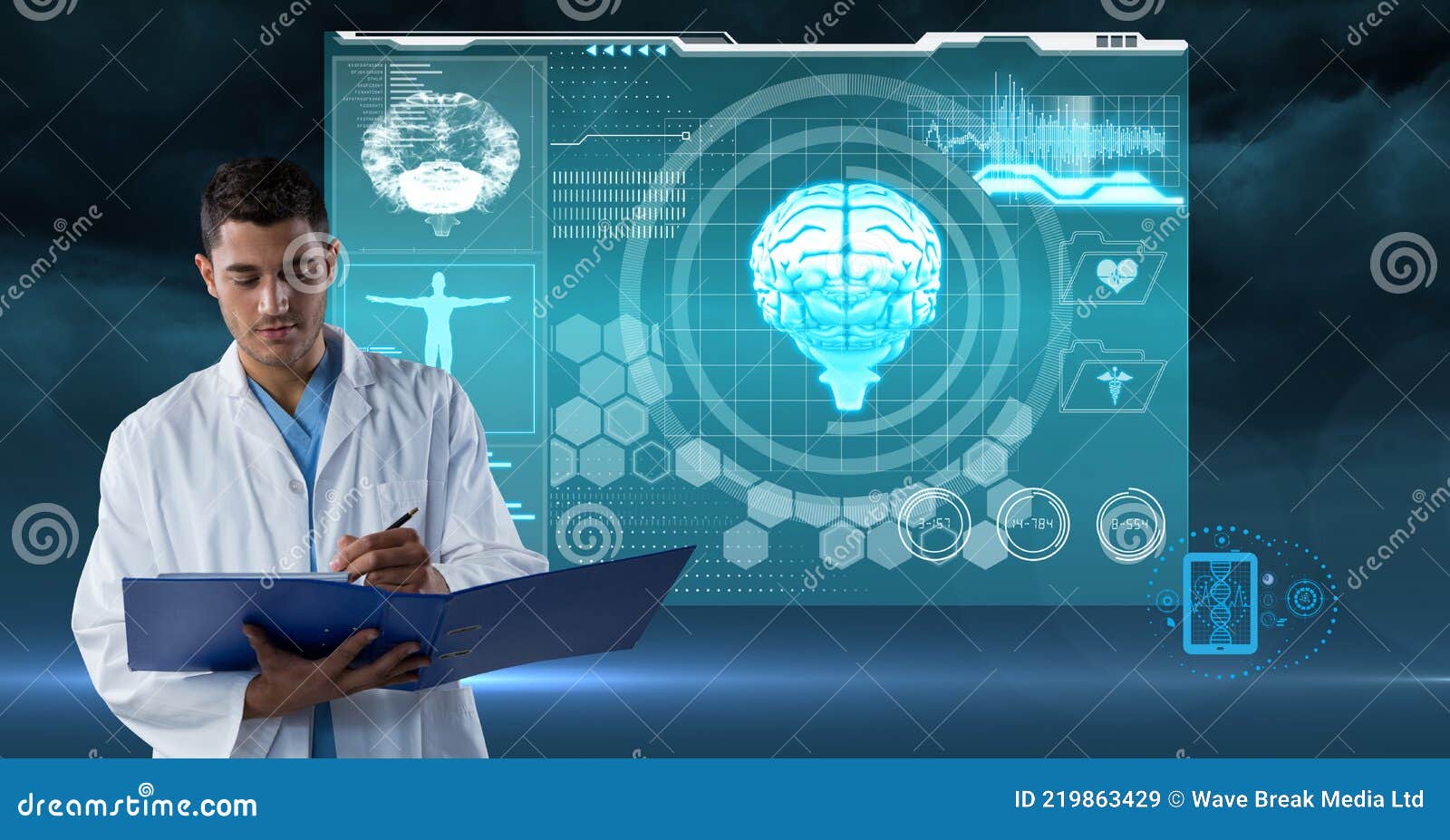 Composition of Male Doctor Making Notes and Virtual Medical Research ...