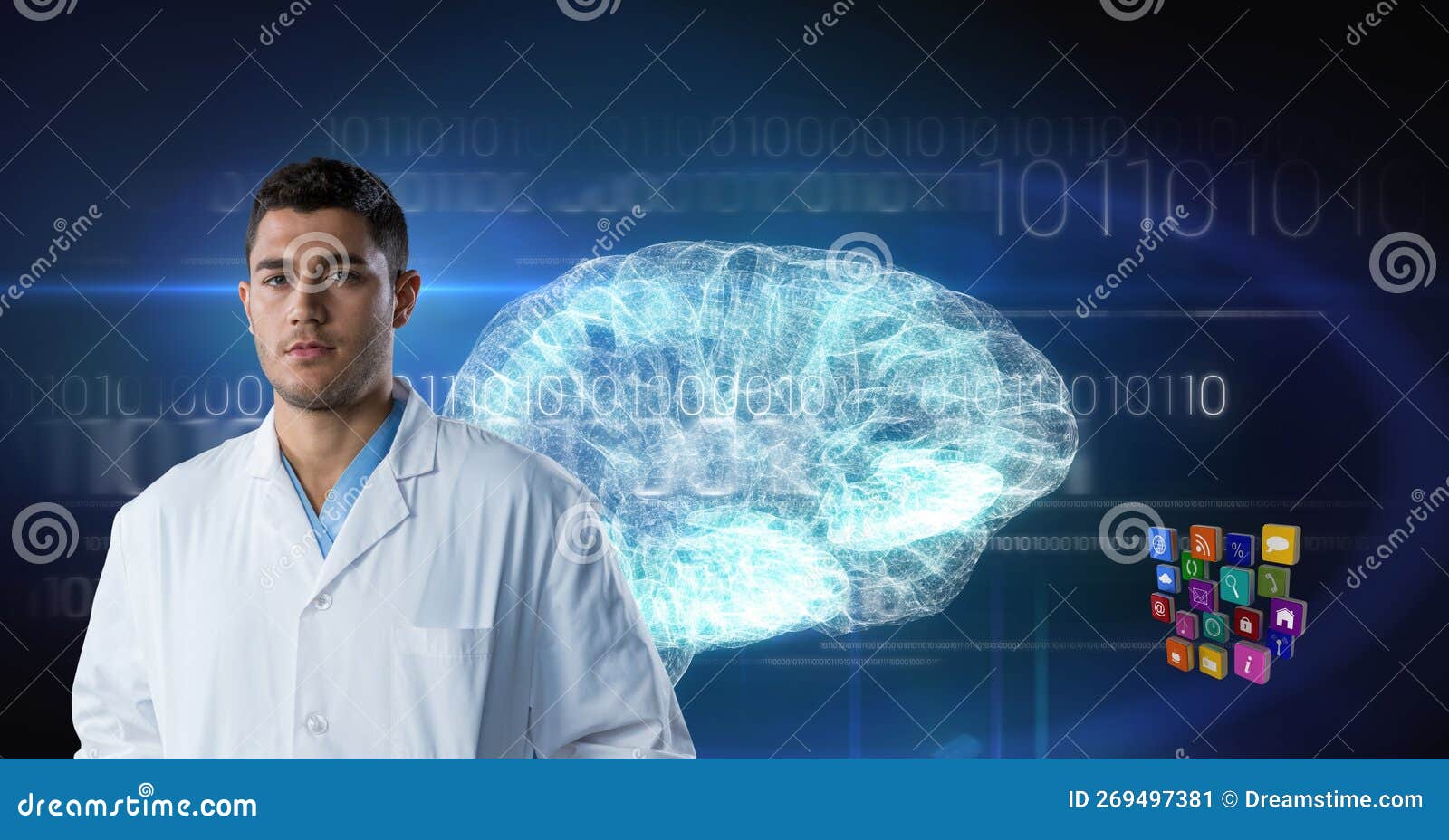 Composition on Male Doctor Over Screen with Digital Human Brain and ...