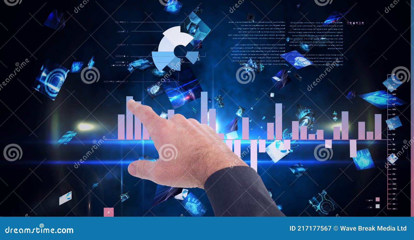 Composition of Man Touching Virtual Screen with Statistics and Data ...