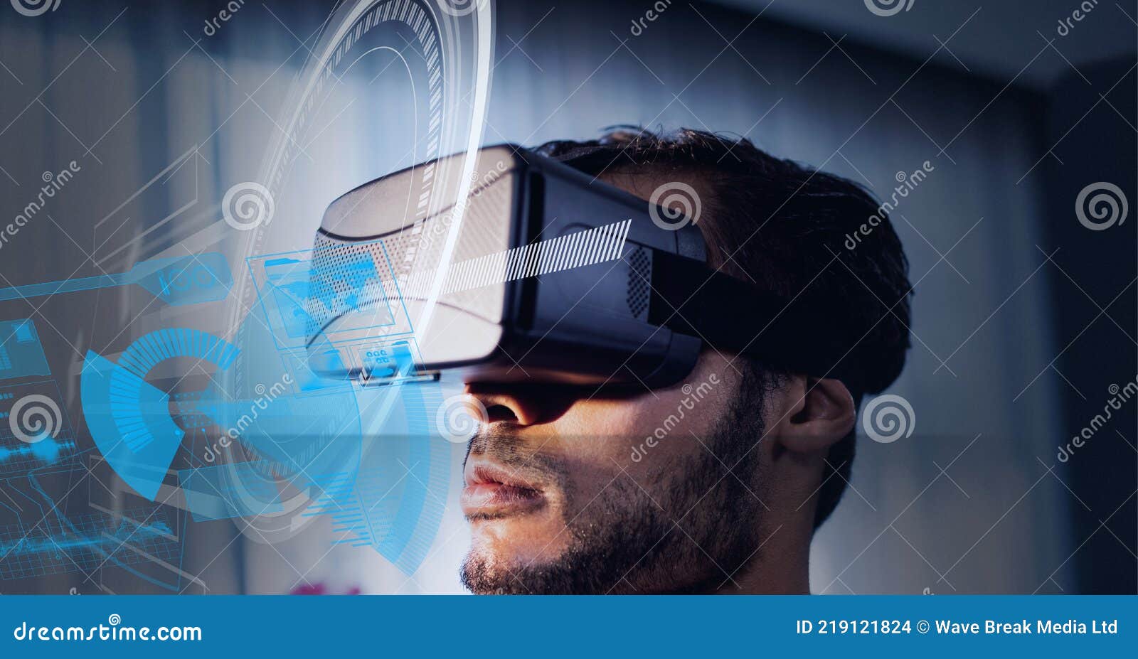Composition of Man Wearing Vr Headset and Interactive Screen with Data ...