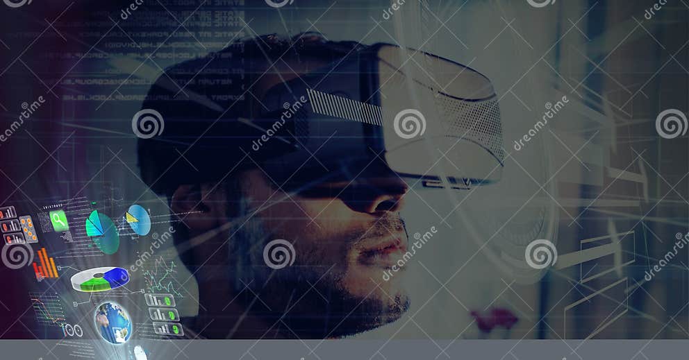 Composition of Man Wearing Vr Headset and Interactive Screen with Data ...