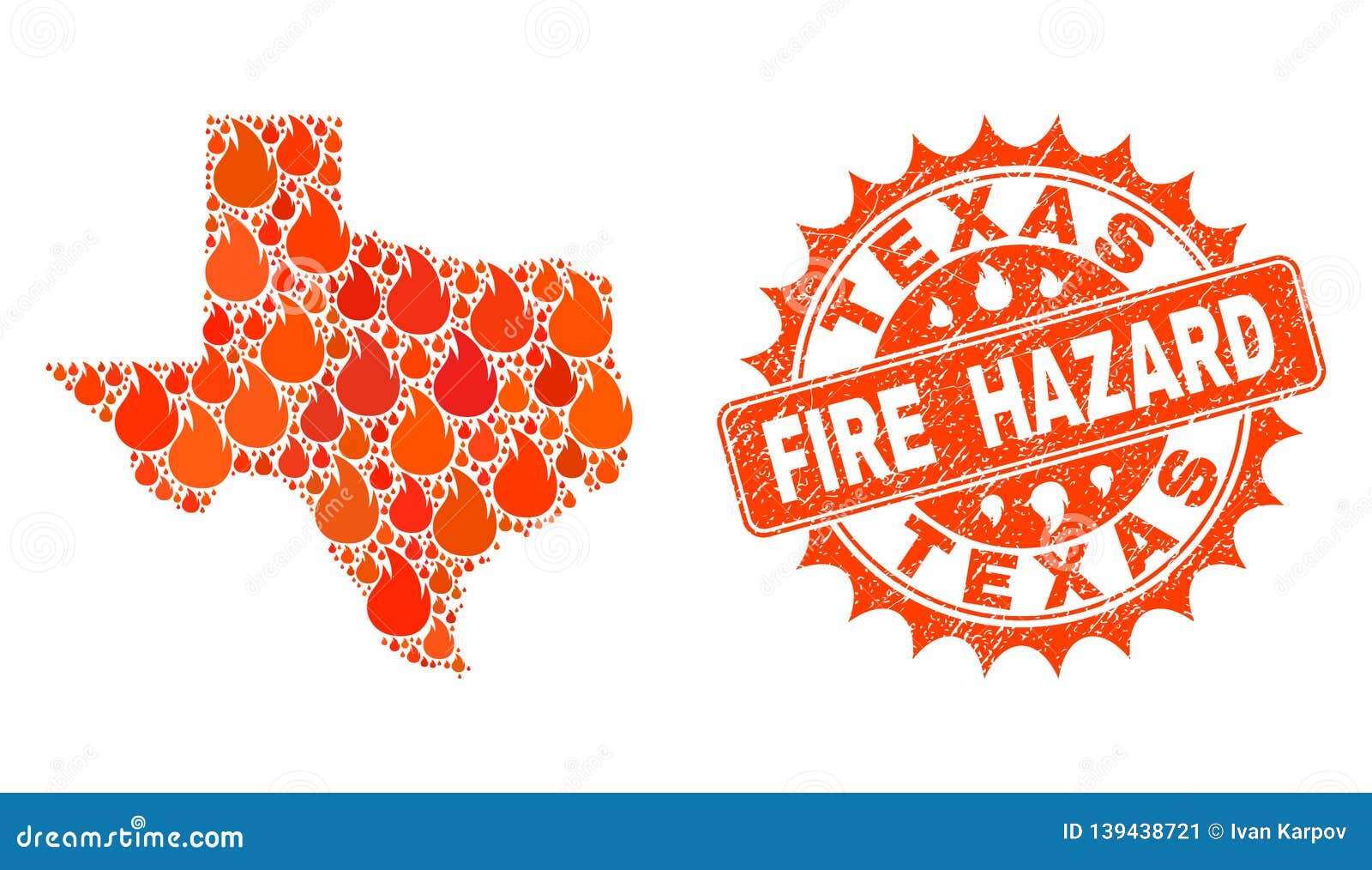 Composition of Map of Texas State Burning and Fire Hazard Grunge Stamp ...
