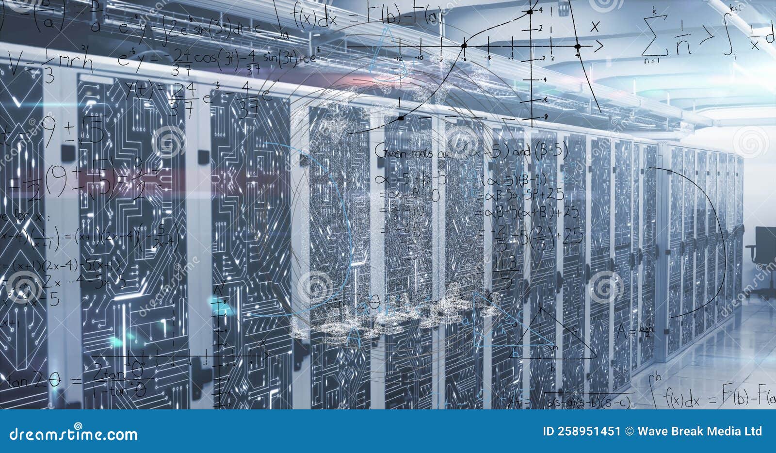 Composition Of Mathematical Equations And Computer Circuit Board Over Server Room Stock