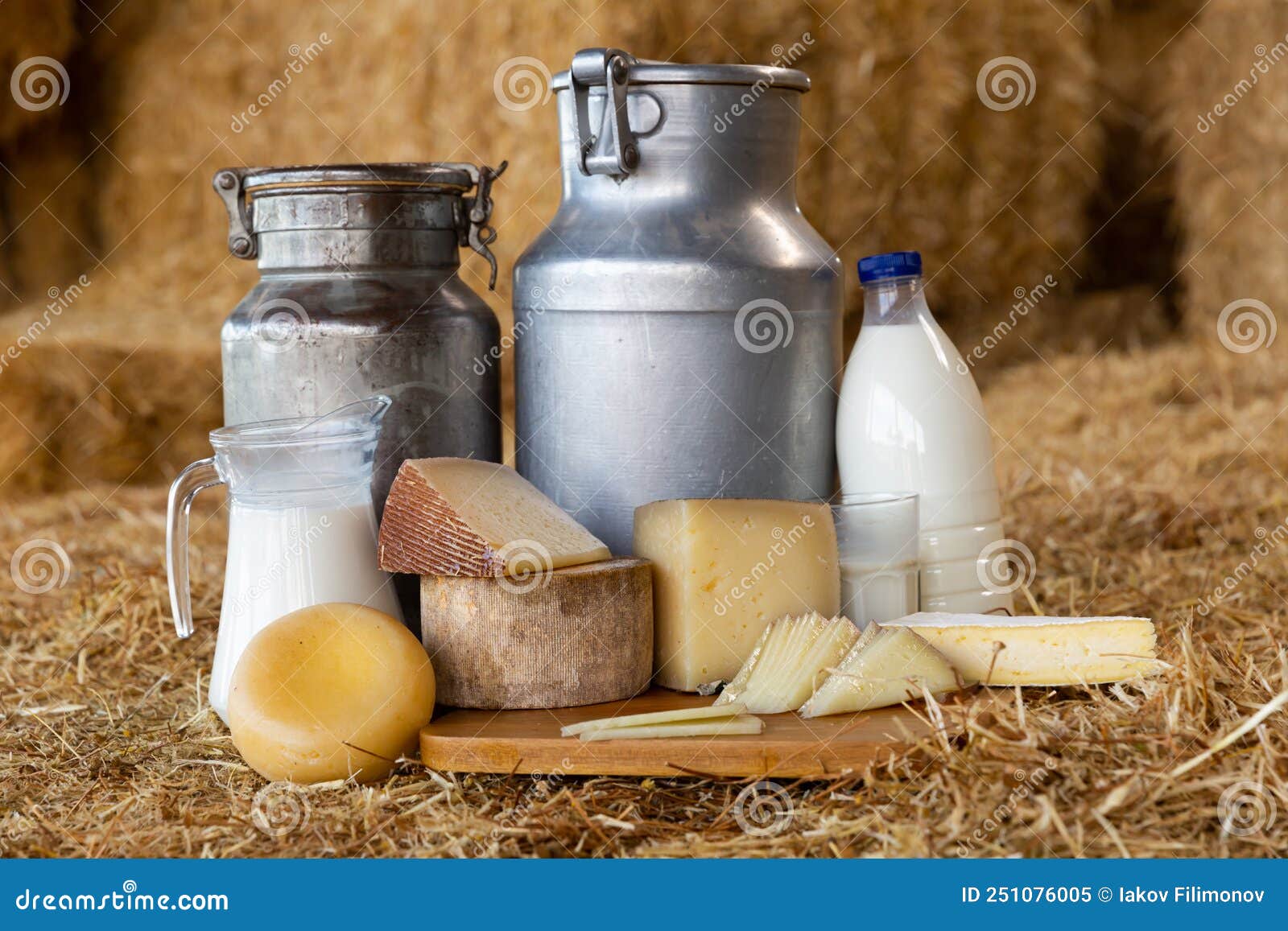 Composition of Milk Churns and Wheels of Cheeses Stock Image - Image of ...