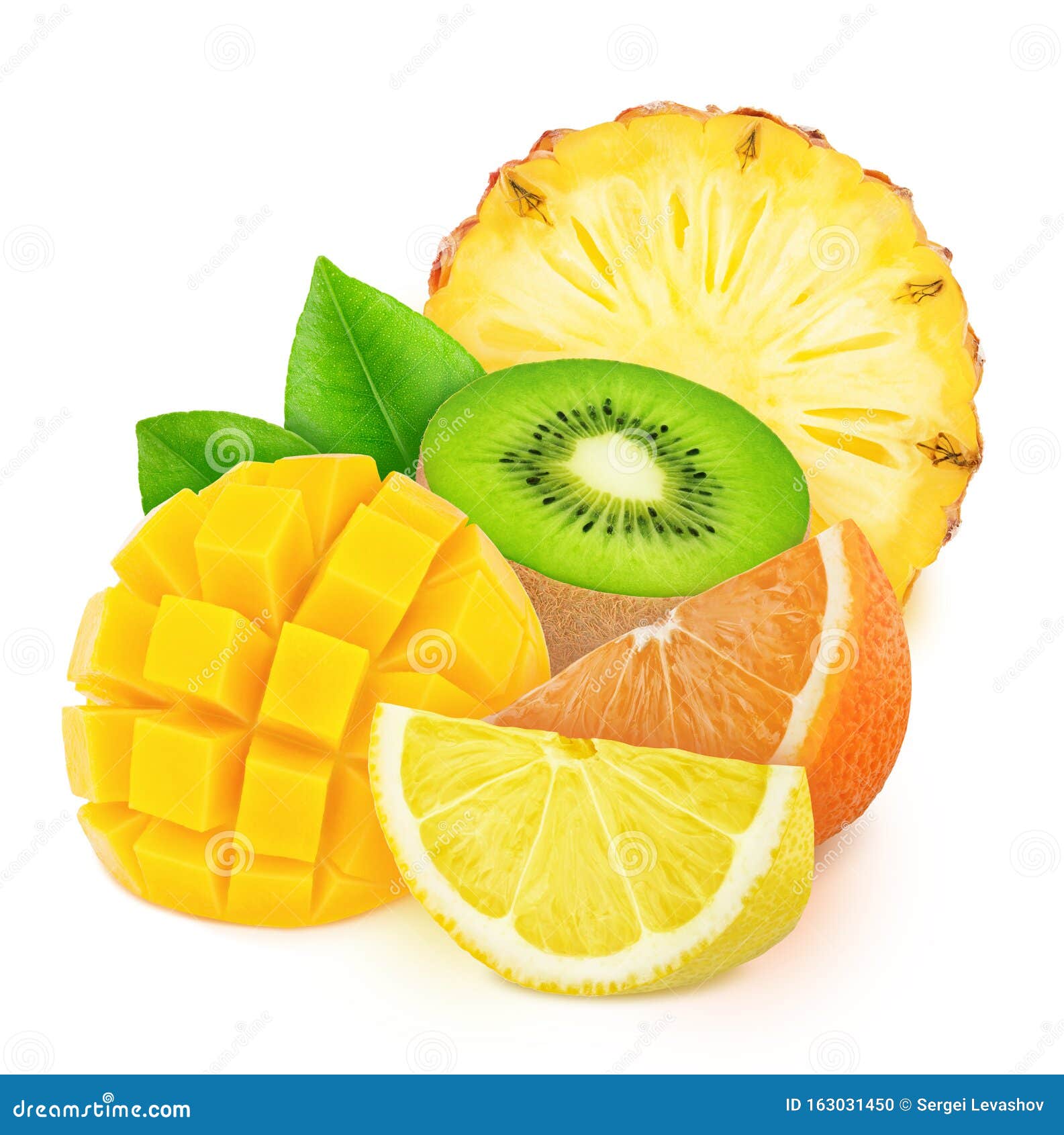 Composition With Mix Of Cutted Tropical Fruits Isolated On A White