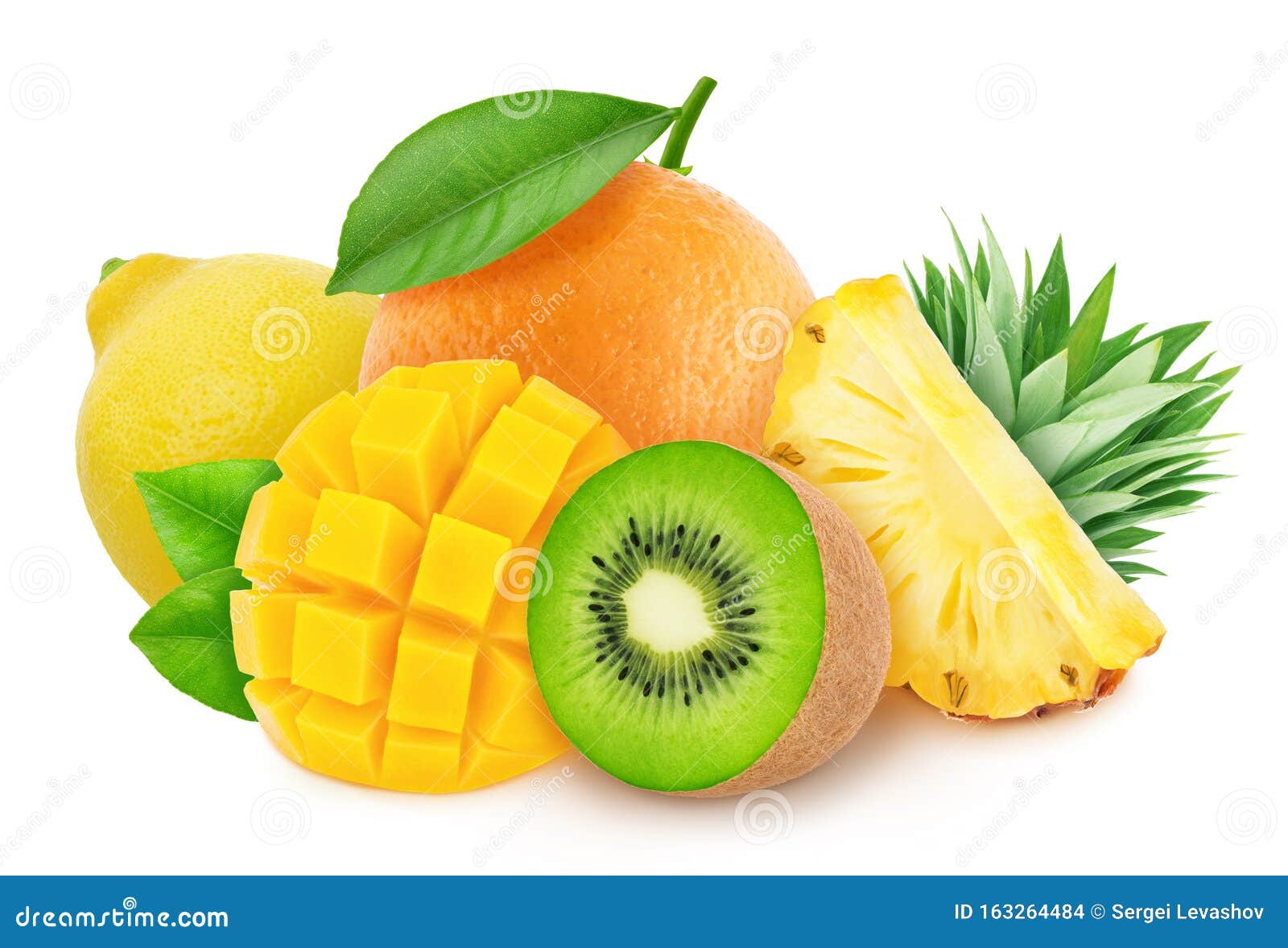 Composition With Mix Of Cutted Tropical Fruits Isolated On A White