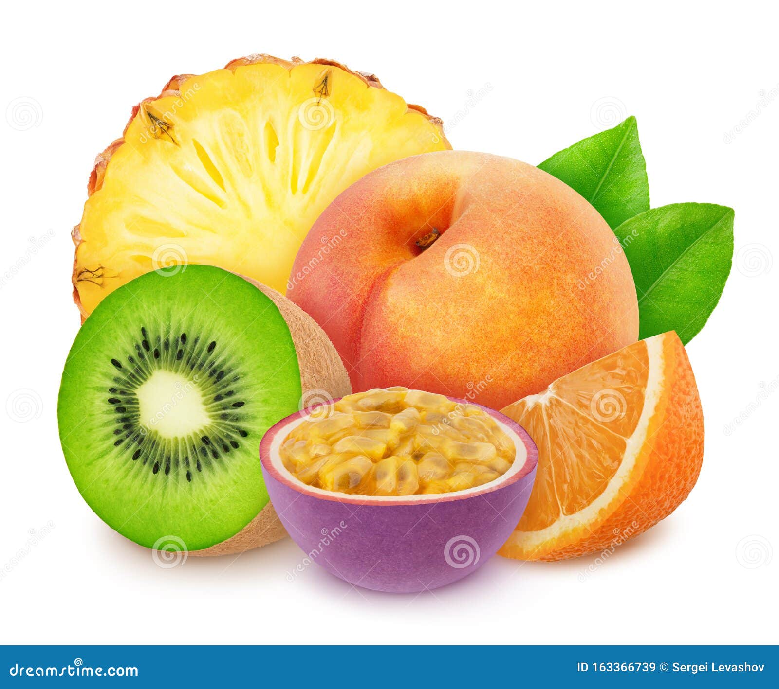Composition With Mix Of Whole And Cutted Tropical Fruits Isolated On A