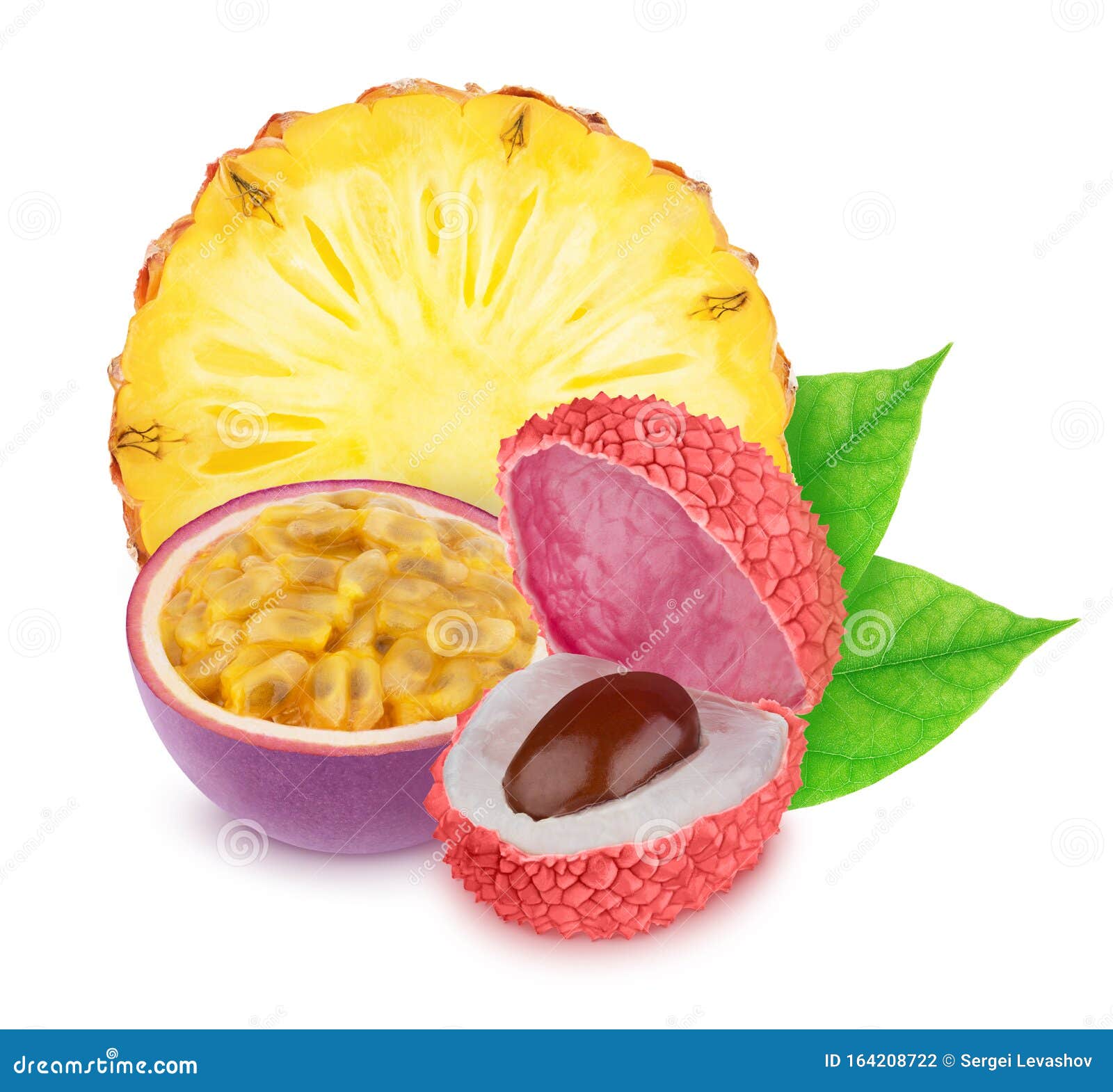 Composition With Mix Of Whole And Cutted Tropical Fruits Isolated On A