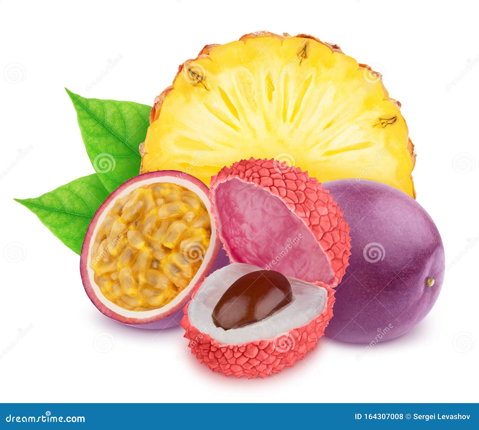 Composition With Mix Of Whole And Cutted Tropical Fruits Isolated On A