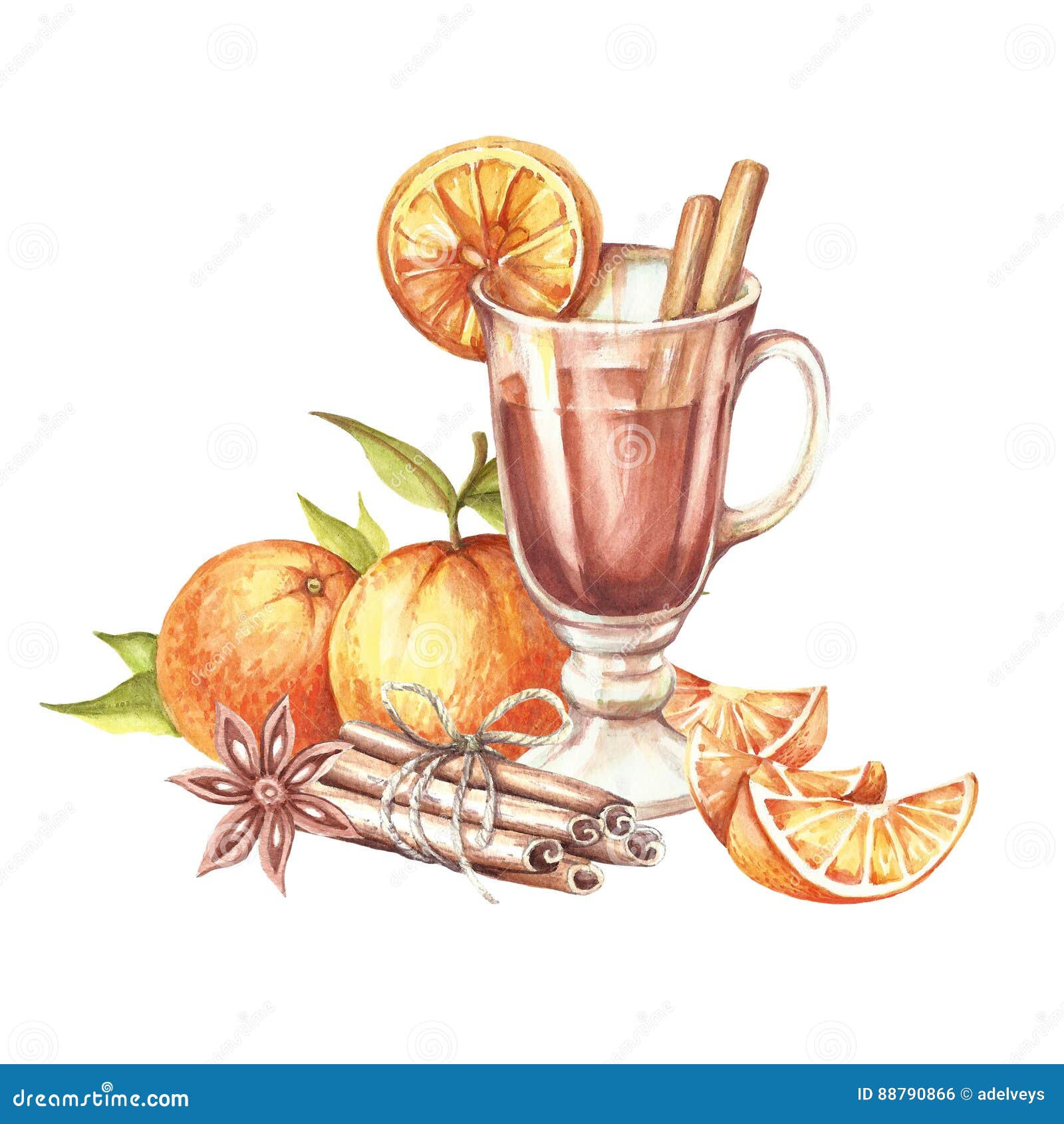 Composition with Mulled Wine, Orange and Cinnamon.Hand Draw Watercolor ...