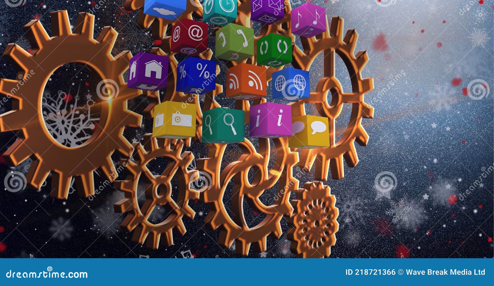 Composition of Multi Coloured Digital Icons and Yellow Cogs on Blue ...