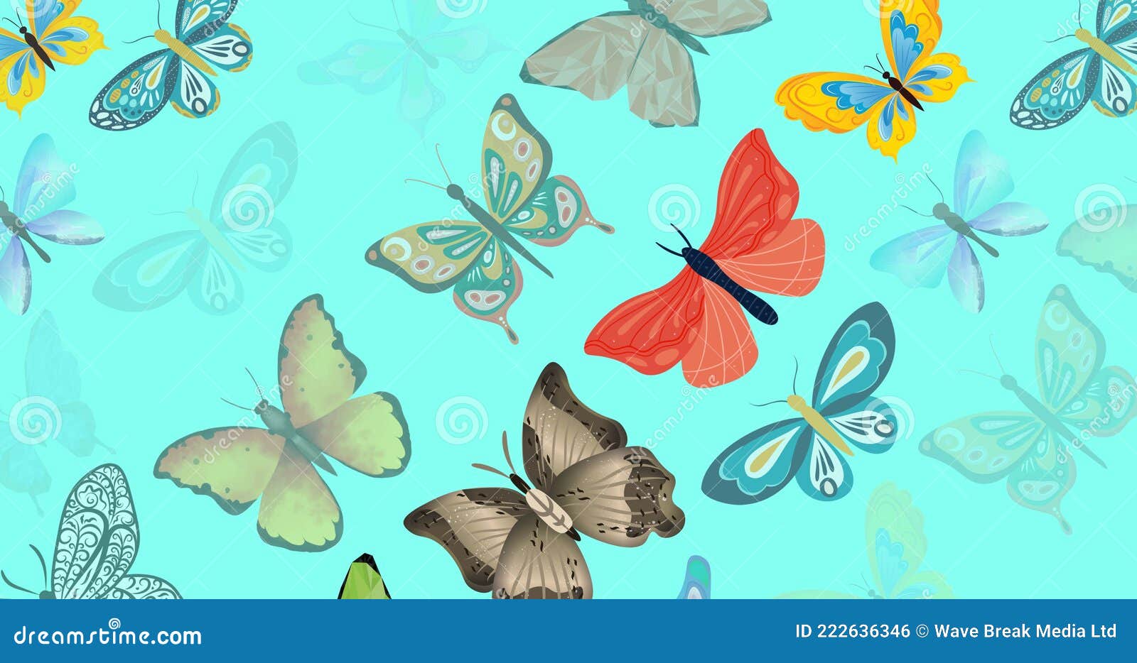 Composition of Multiple Rows of Butterflies on Blue Background Stock ...