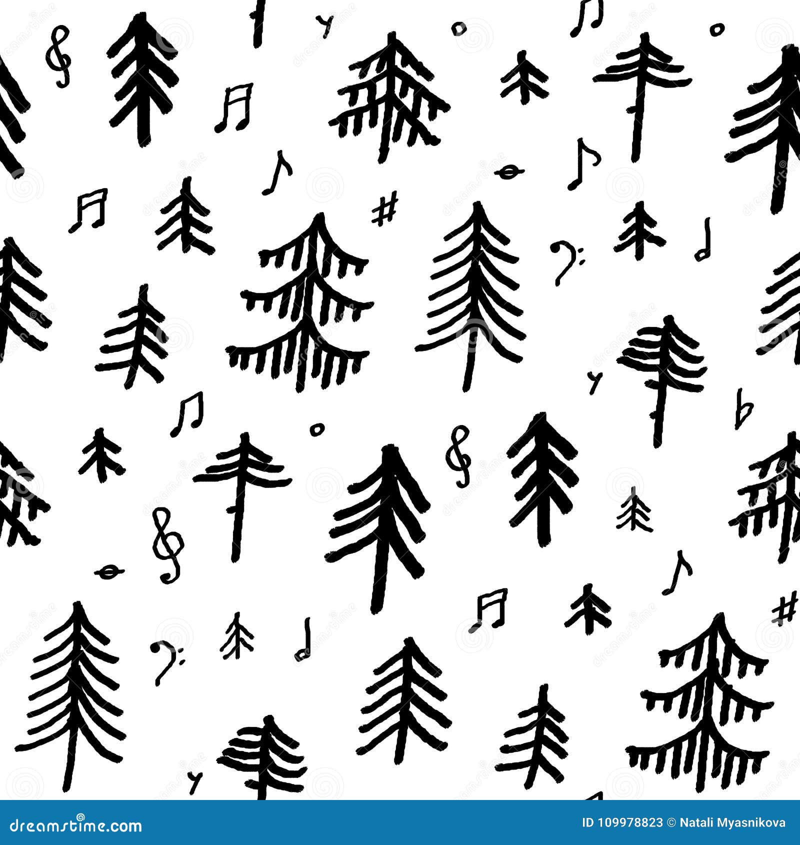 Composition with Music Note Symbols and Pine Firs Forest Stock ...