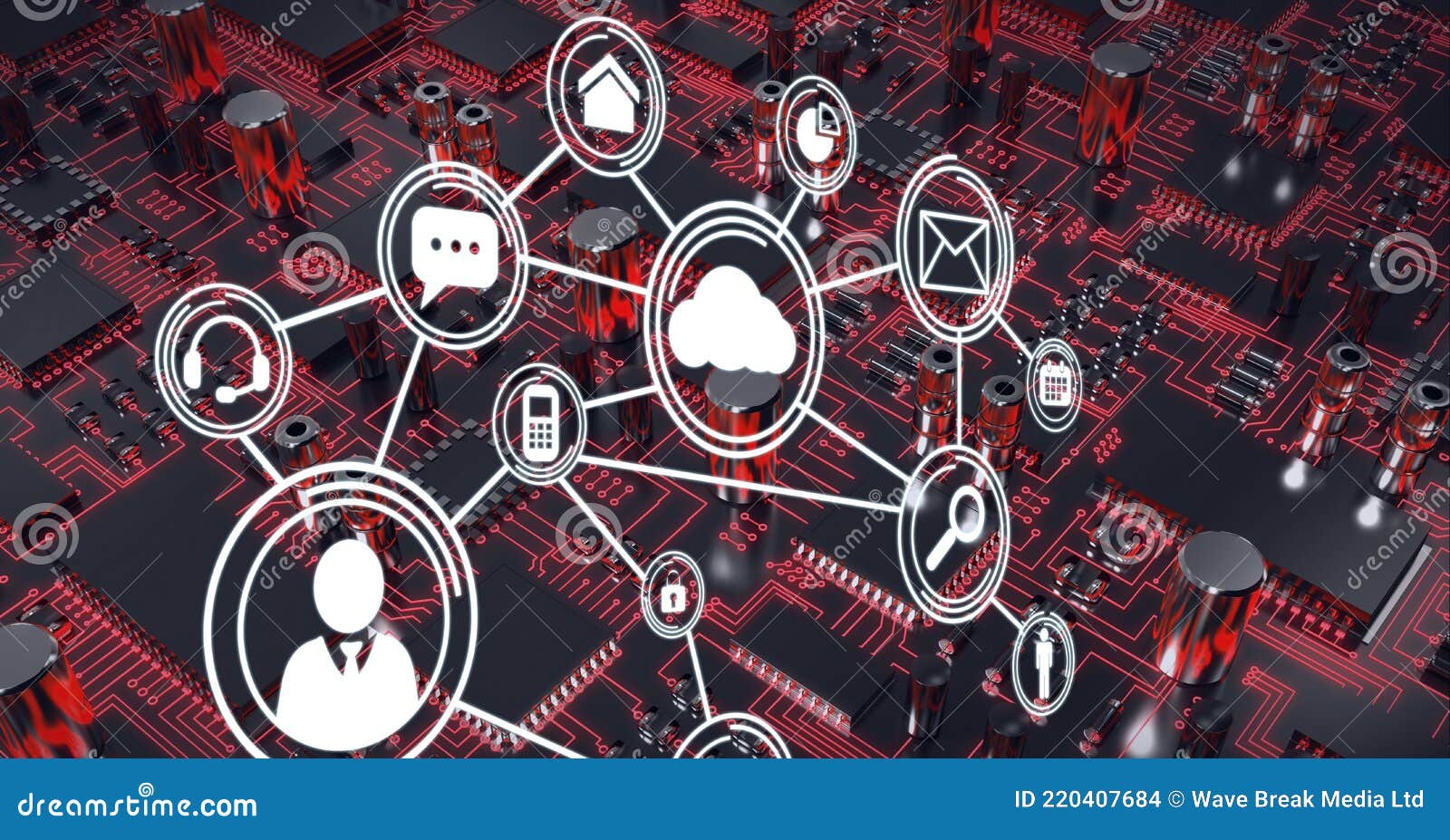 Composition of Network of Connections with Icons Over Computer Circuit ...