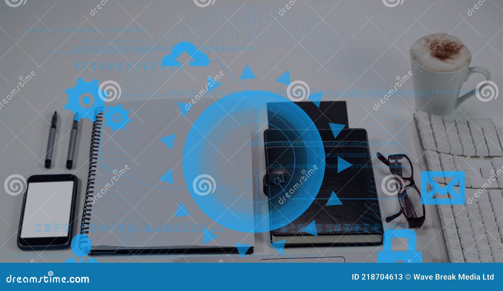 Composition of Network of Connections with Icons Over Office Desk Stock ...