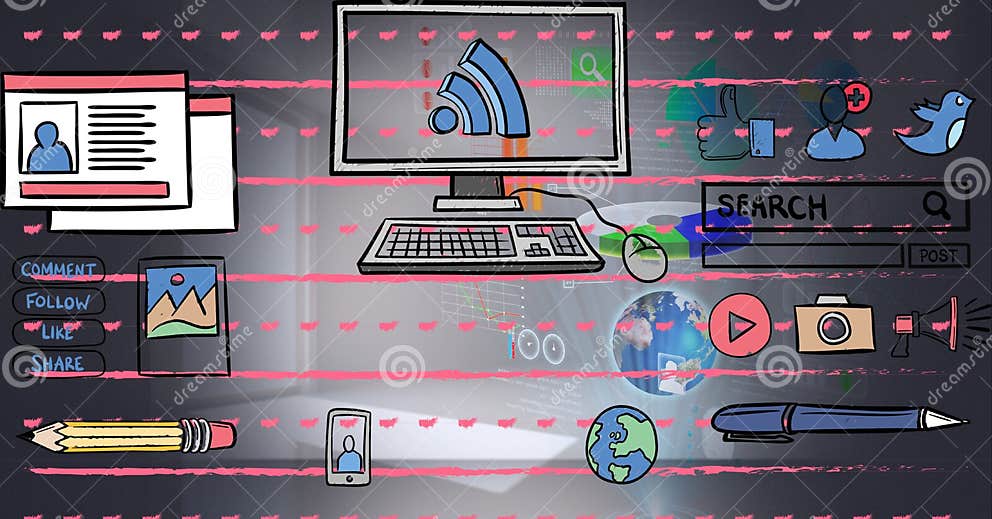 Composition of Network of Digital Icons and Computer Screen with Wifi ...