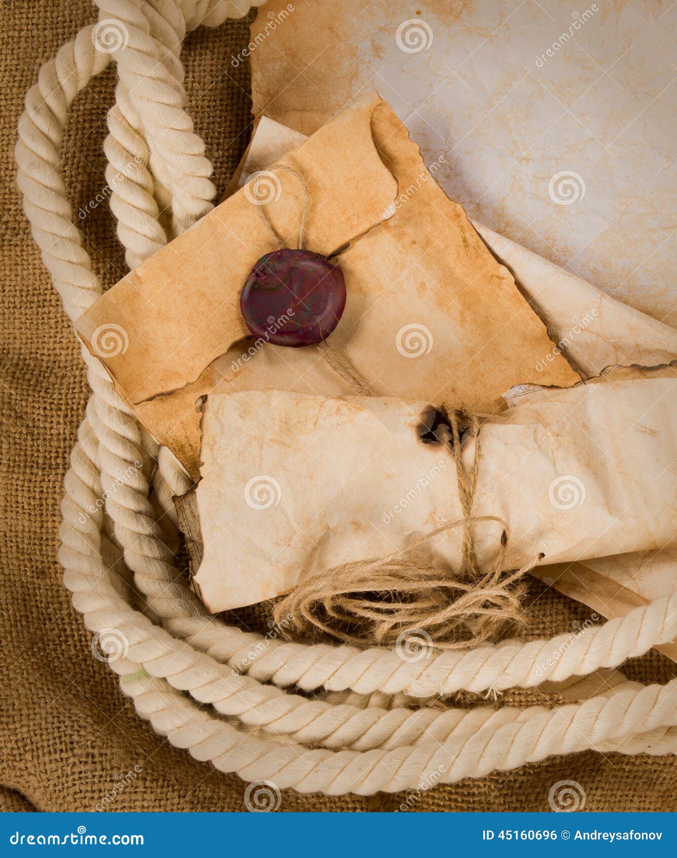 Composition with an Old Envelope, Parchment and Rope Stock Photo ...