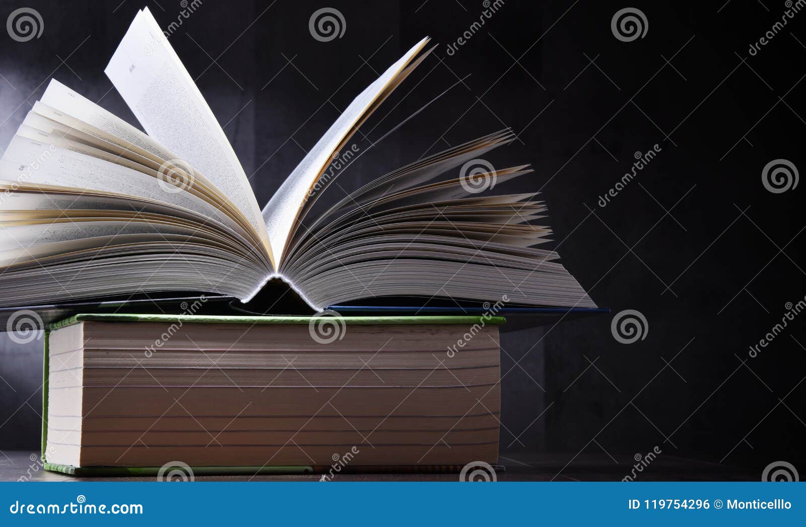 Composition with Open Book on the Table Stock Photo - Image of lexicon ...