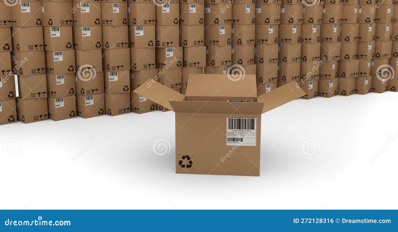 Composition of Opened Cardboard Box Over Stack of Boxes on White ...