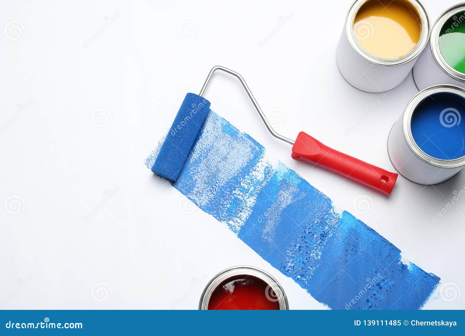 Composition with Paint Cans and Roller Brush on White Stock Image ...