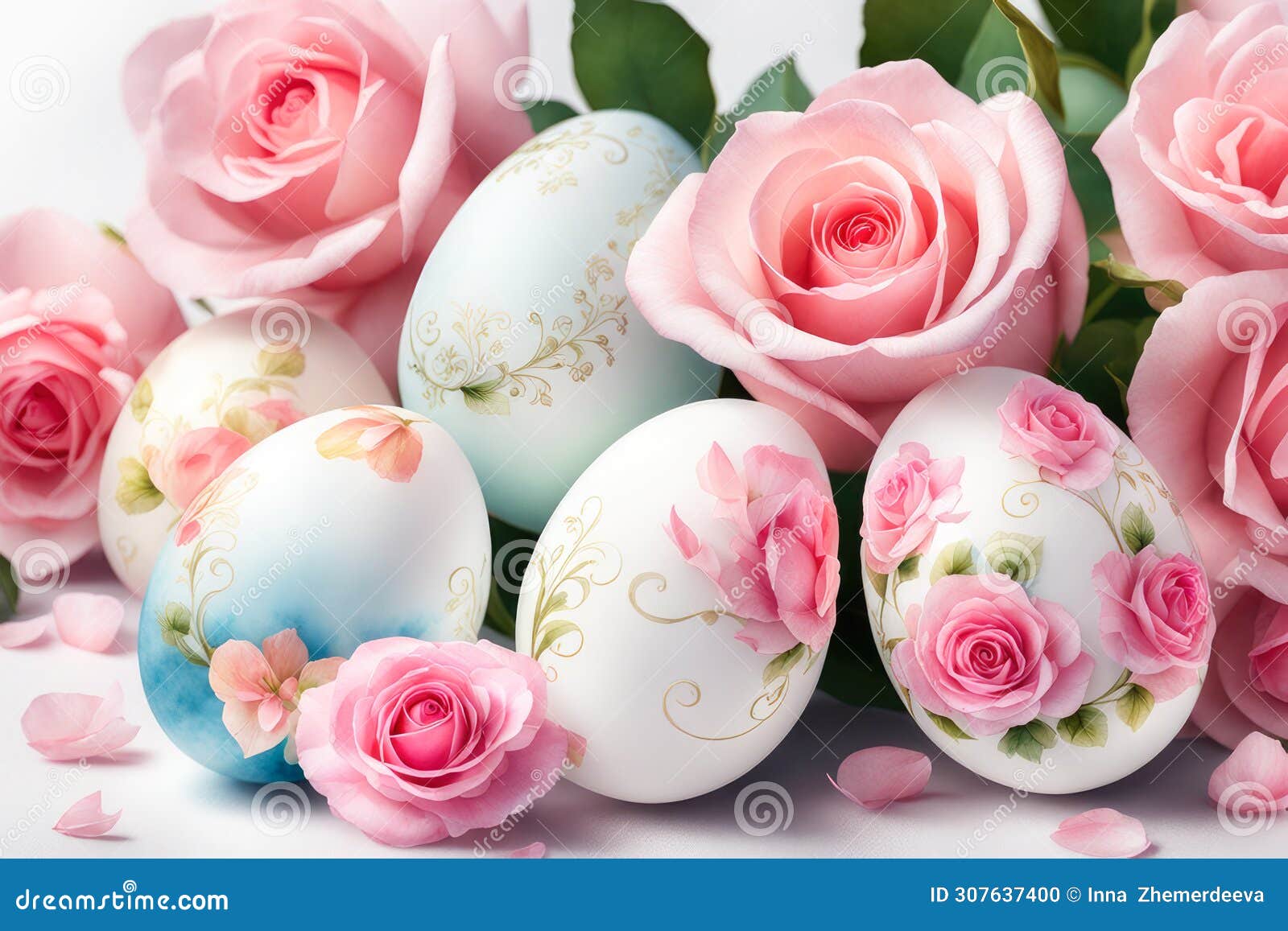 Composition of Painted Easter Eggs and Pink Roses . Easter Background ...