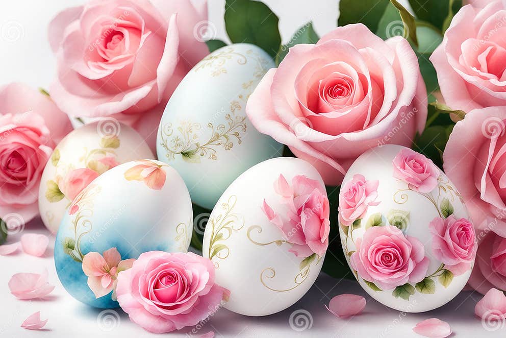 Composition of Painted Easter Eggs and Pink Roses . Easter Background ...