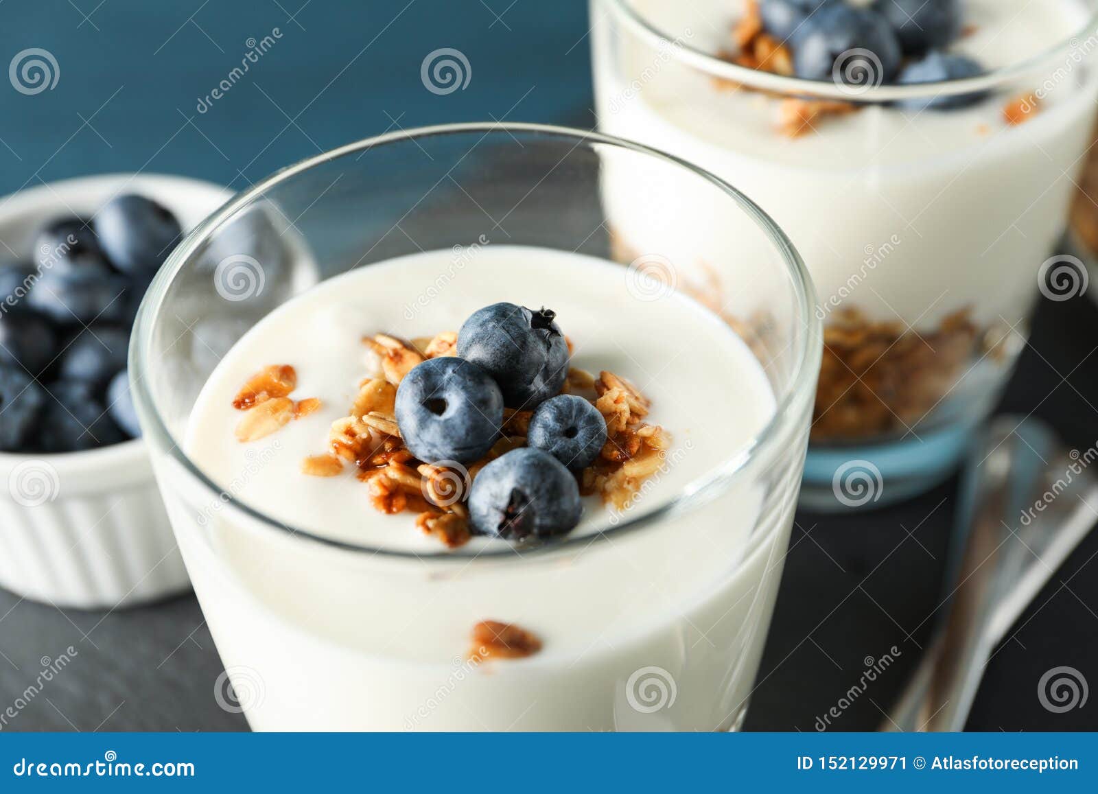 Composition with Parfaits Desserts on Dark Blue Background Stock Image ...