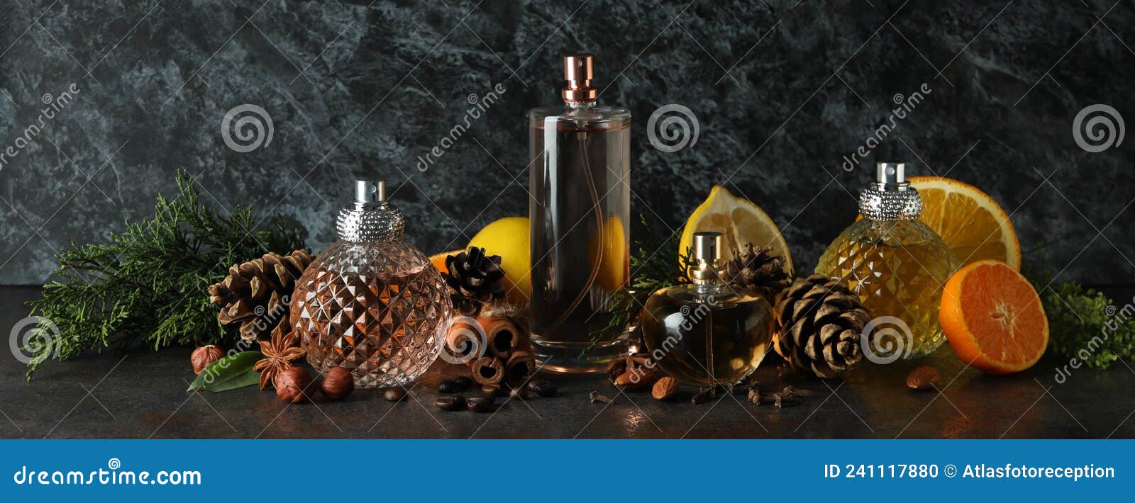 Composition with Perfume Bottles and Different Ingredients Stock Photo ...