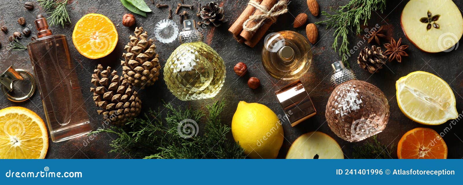 Composition with Perfume Bottles and Different Ingredients Stock Photo ...