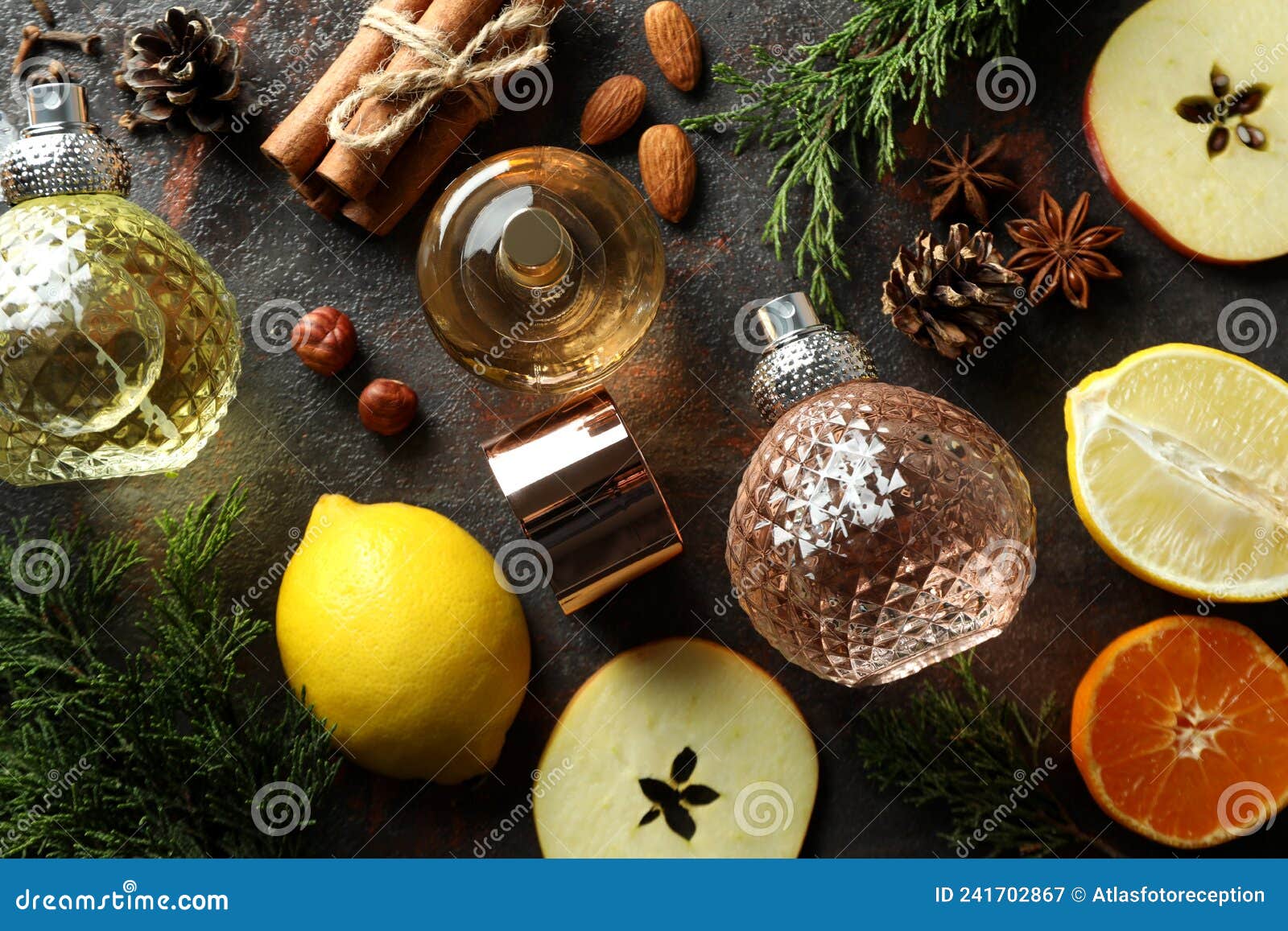 Composition with Perfume Bottles and Different Ingredients Stock Image ...