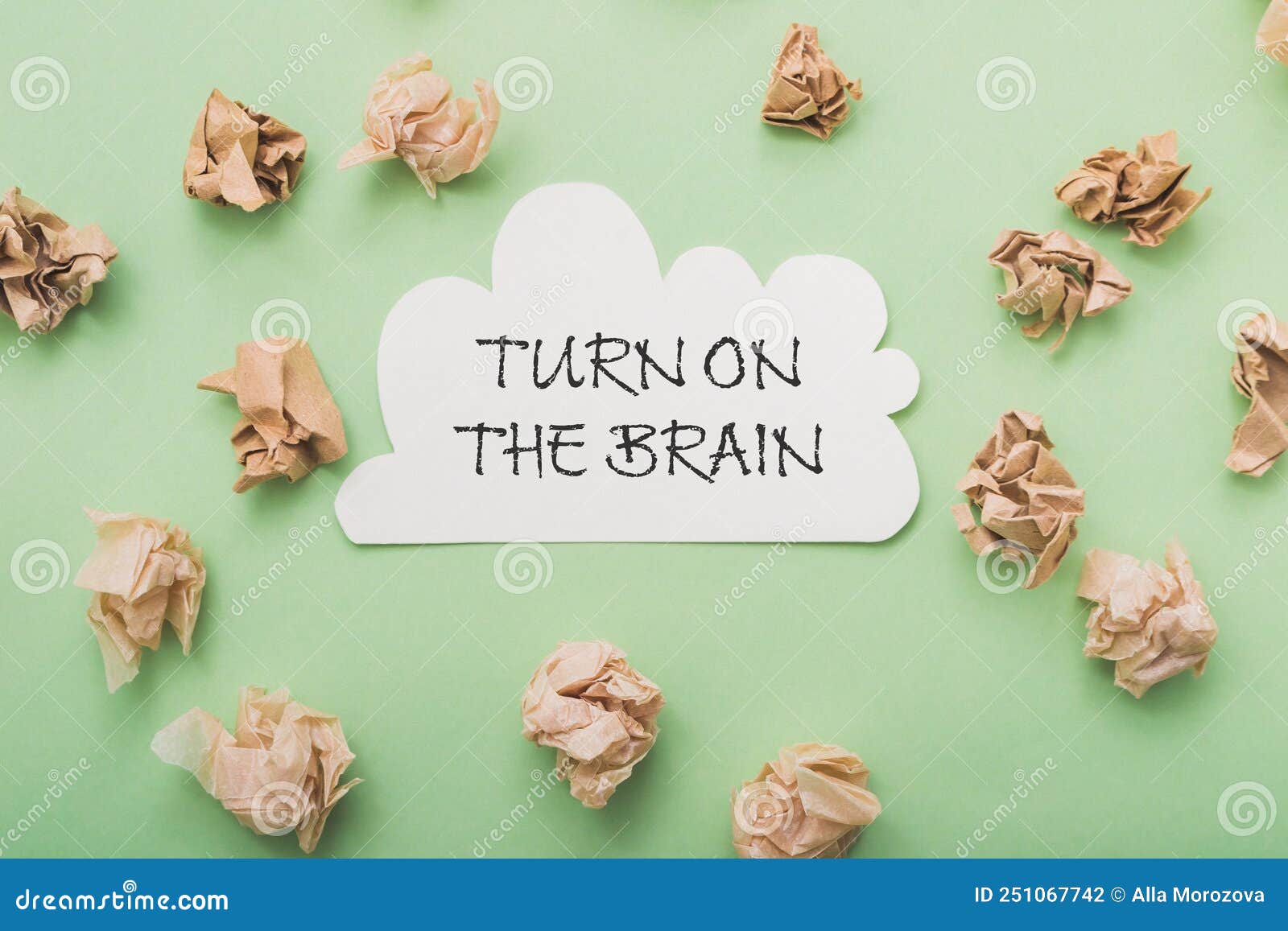 Composition with Phrase Turn on Brain on Green Background Stock Photo ...