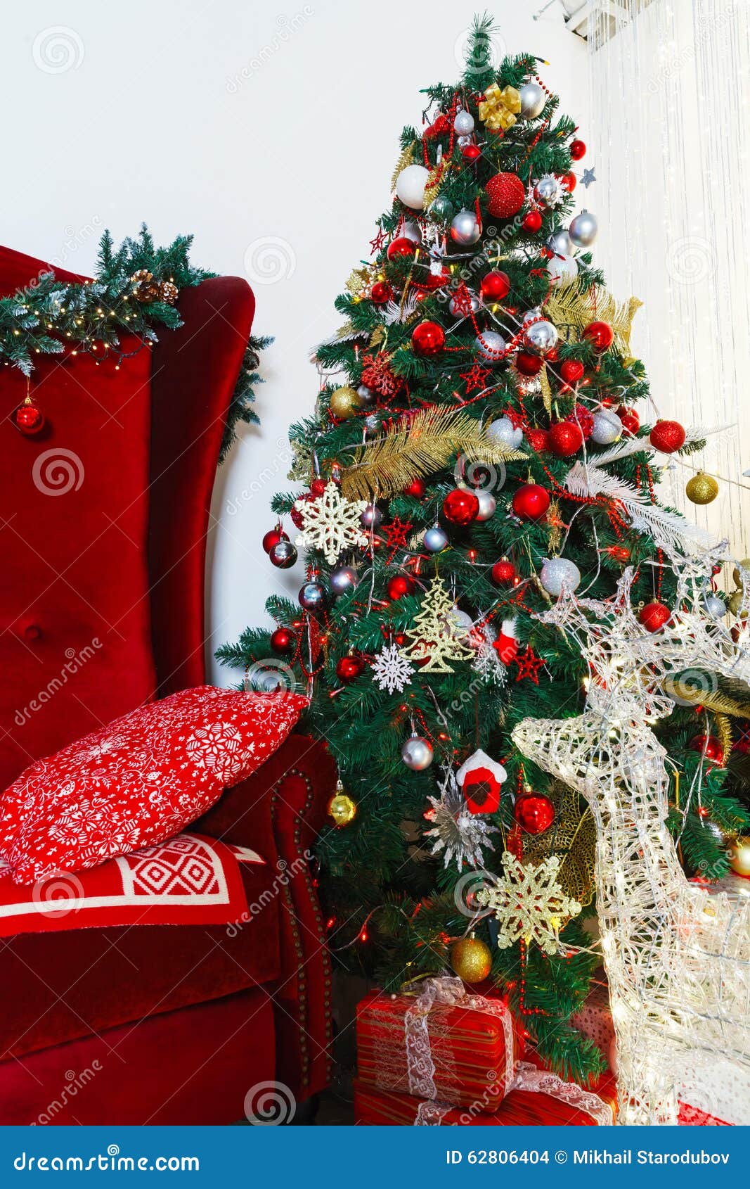 Composition with Red Chair and Christmas Tree Stock Photo - Image of ...