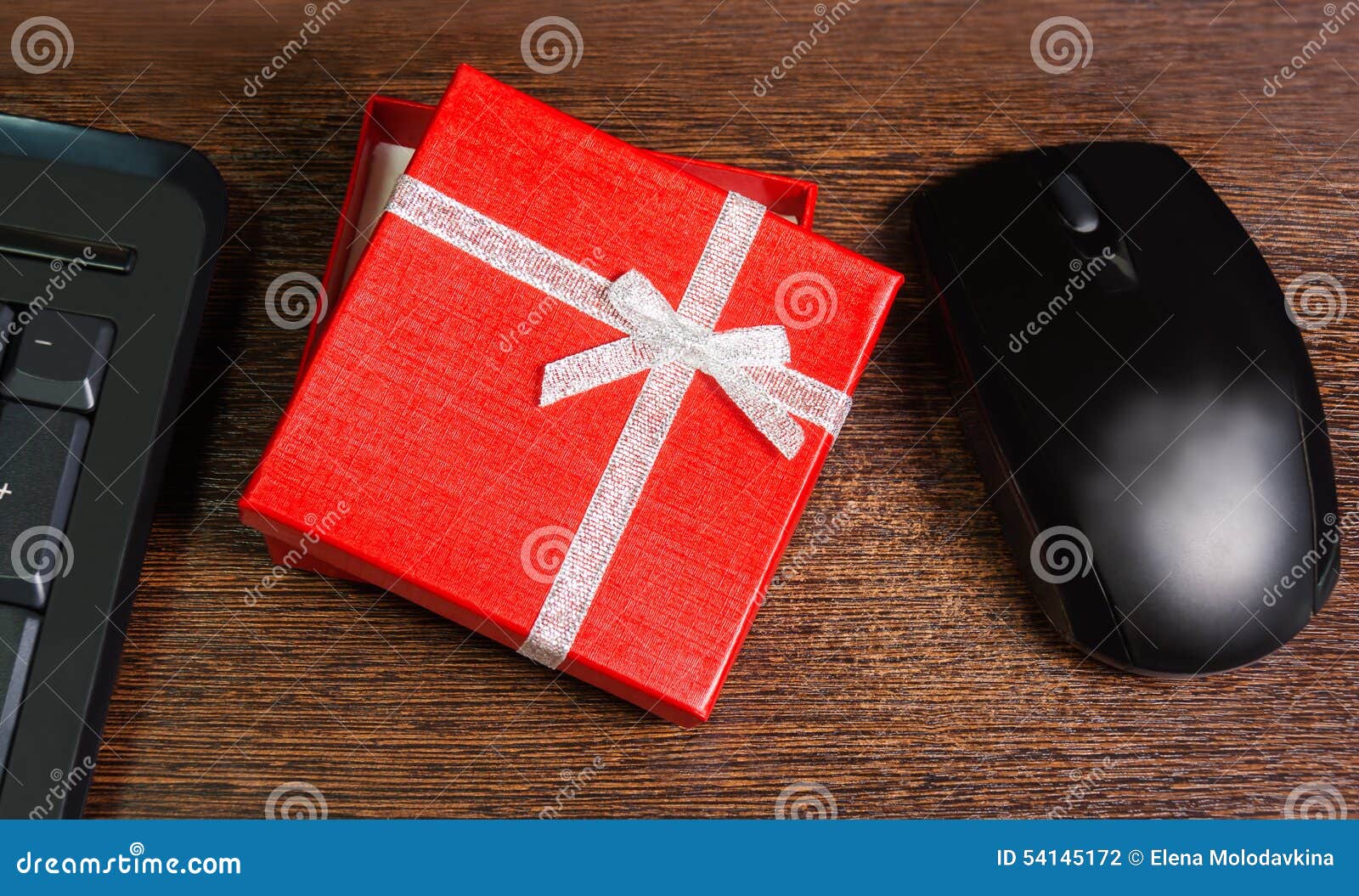 Composition with Red Gift Box, Mouse and Keyboard Stock Photo - Image ...