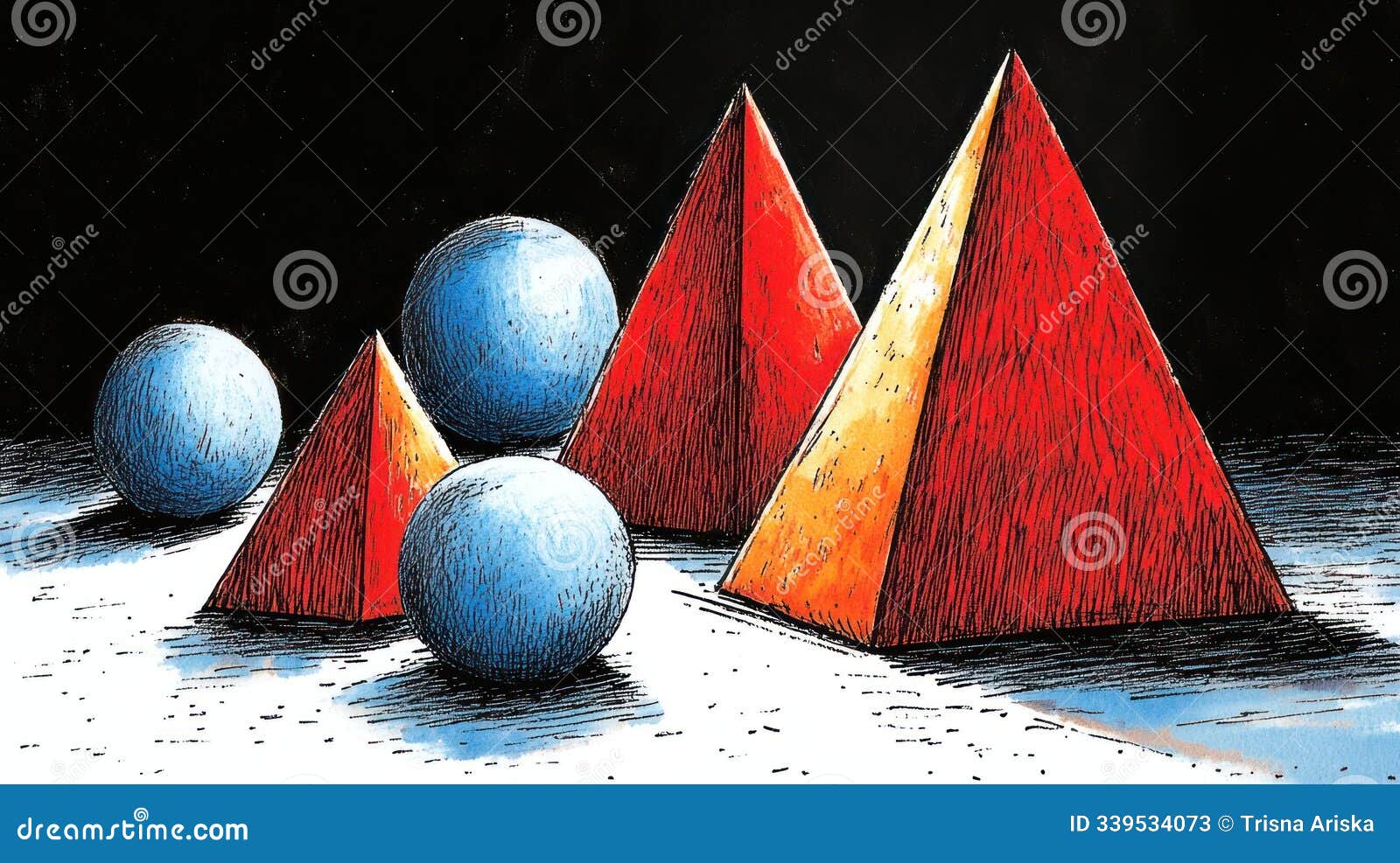 A Composition of Red Pyramids and Blue Spheres on a Contrasting ...